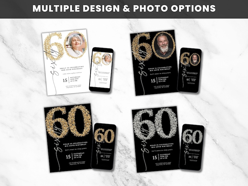60th Birthday Invitation Template: Elegant Party Card & Mobile Invite ...