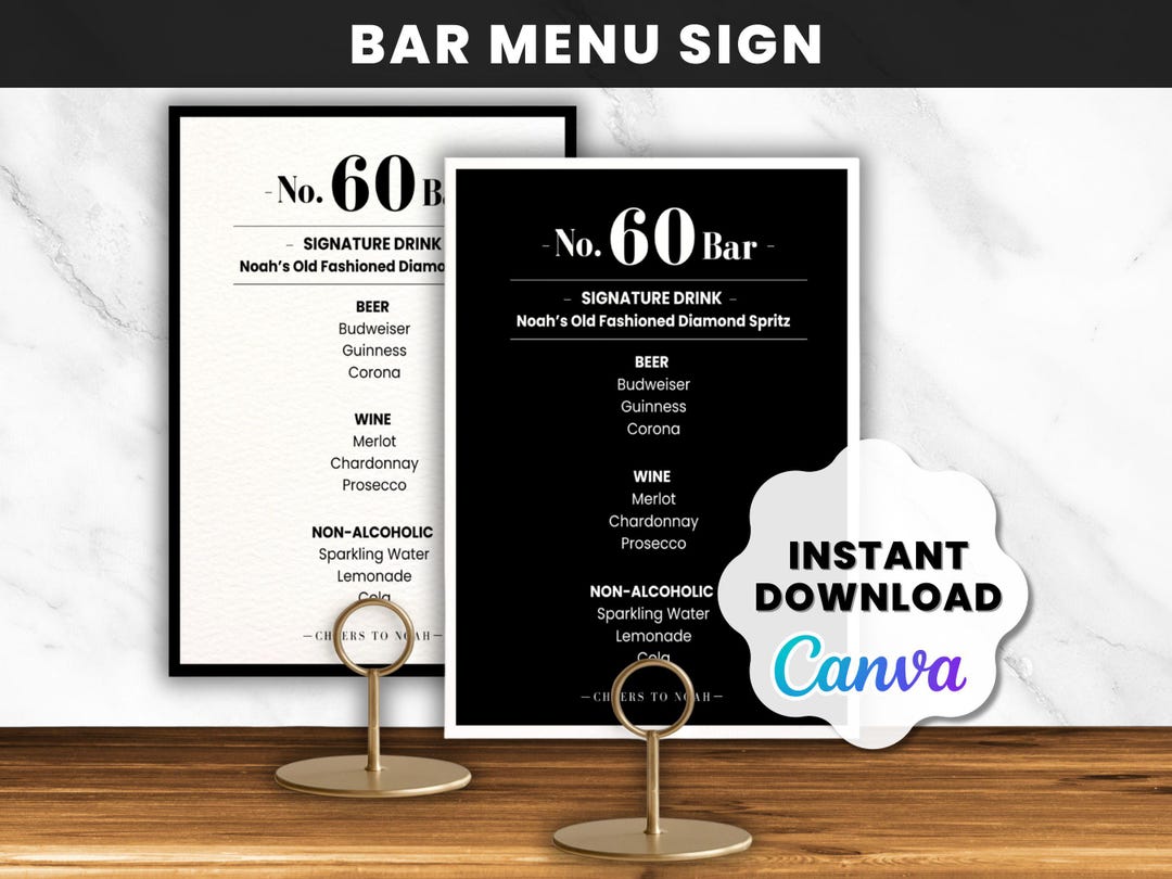 60th Birthday Bar Sign Template: Black & White Drink Menu (digital ...