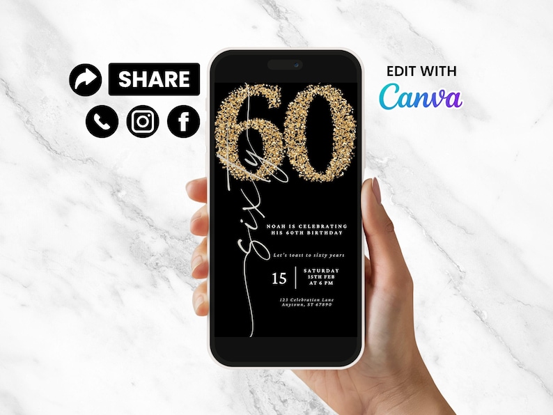 60th Birthday Invitation Template: Black and Gold Glitter (digital ...