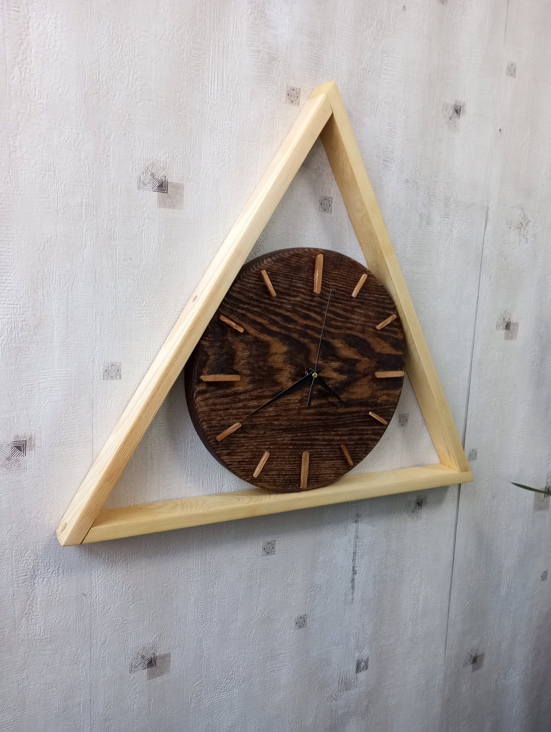 Chesnut Wooden Wall Clock, Unique Wall Clock, Triangle Wall Clock, Live ...