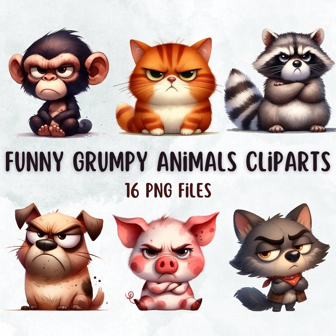 Grumpy Animals Clipart Set,grumpy Animals Png,angry Pets to Create ...