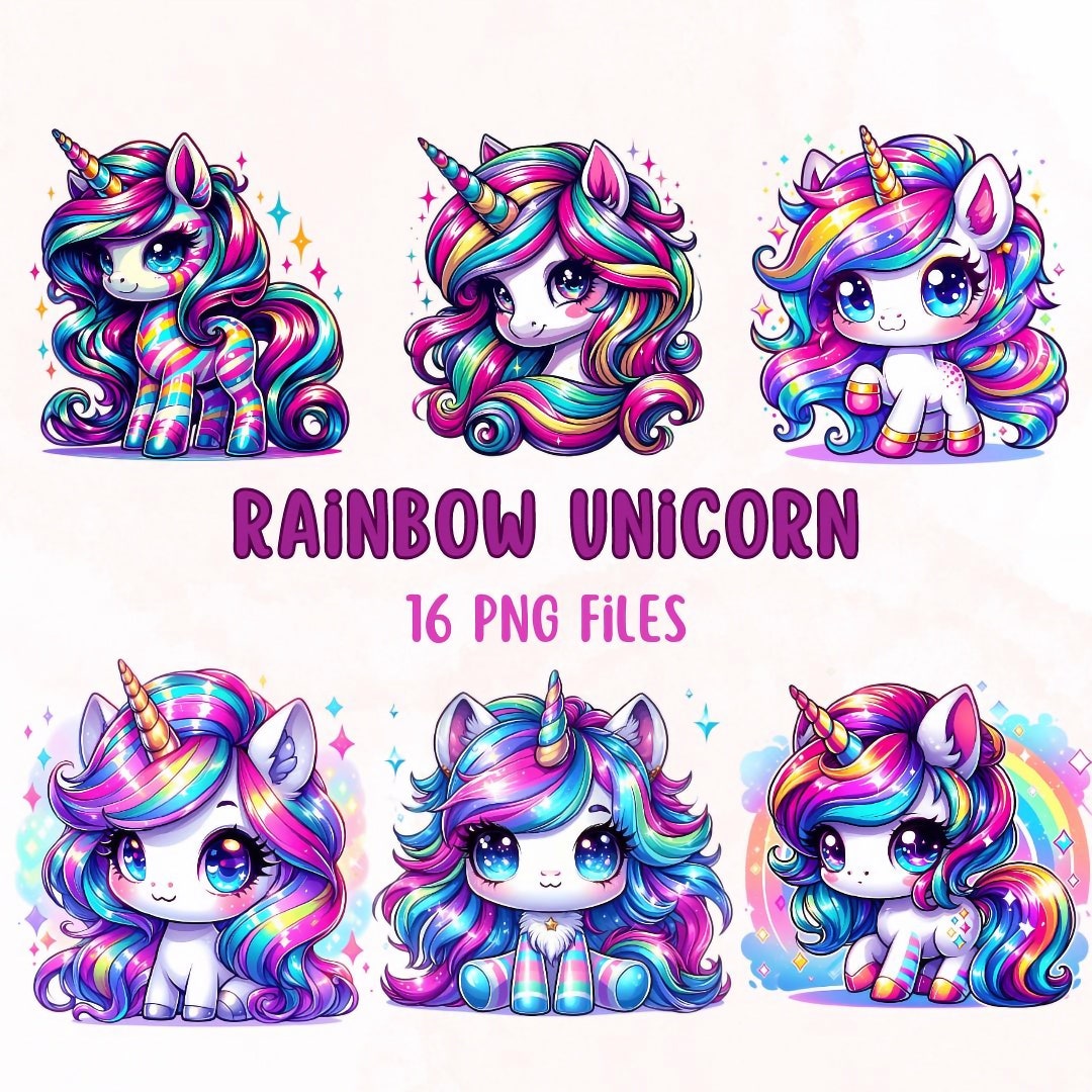 Rainbow Unicorn Clipart Bundle.a Set of Cute Rainbow Unicorns for ...