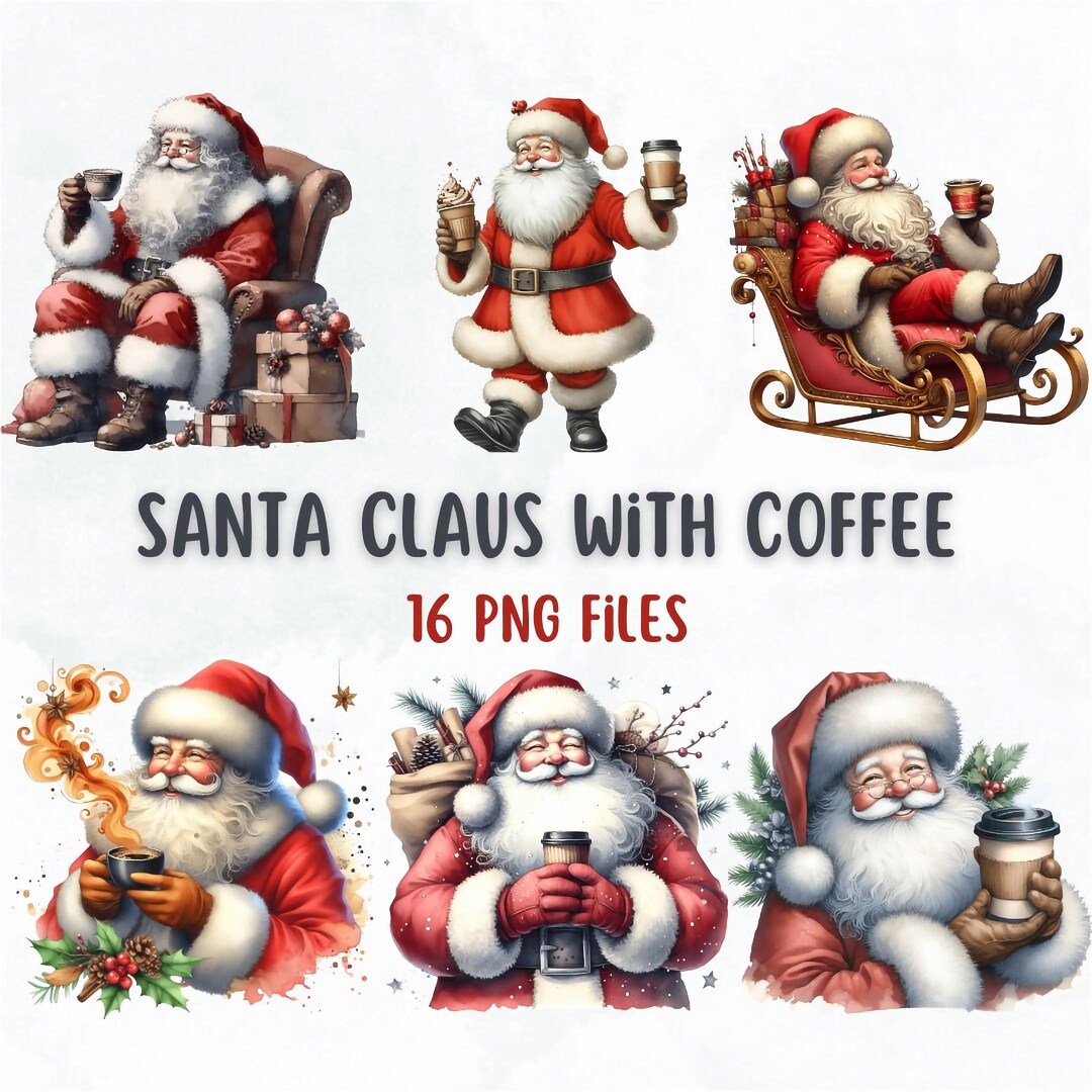 Santa Claus Clipart Set With a Cup of Coffee. Cute Santa Claus, Santa ...