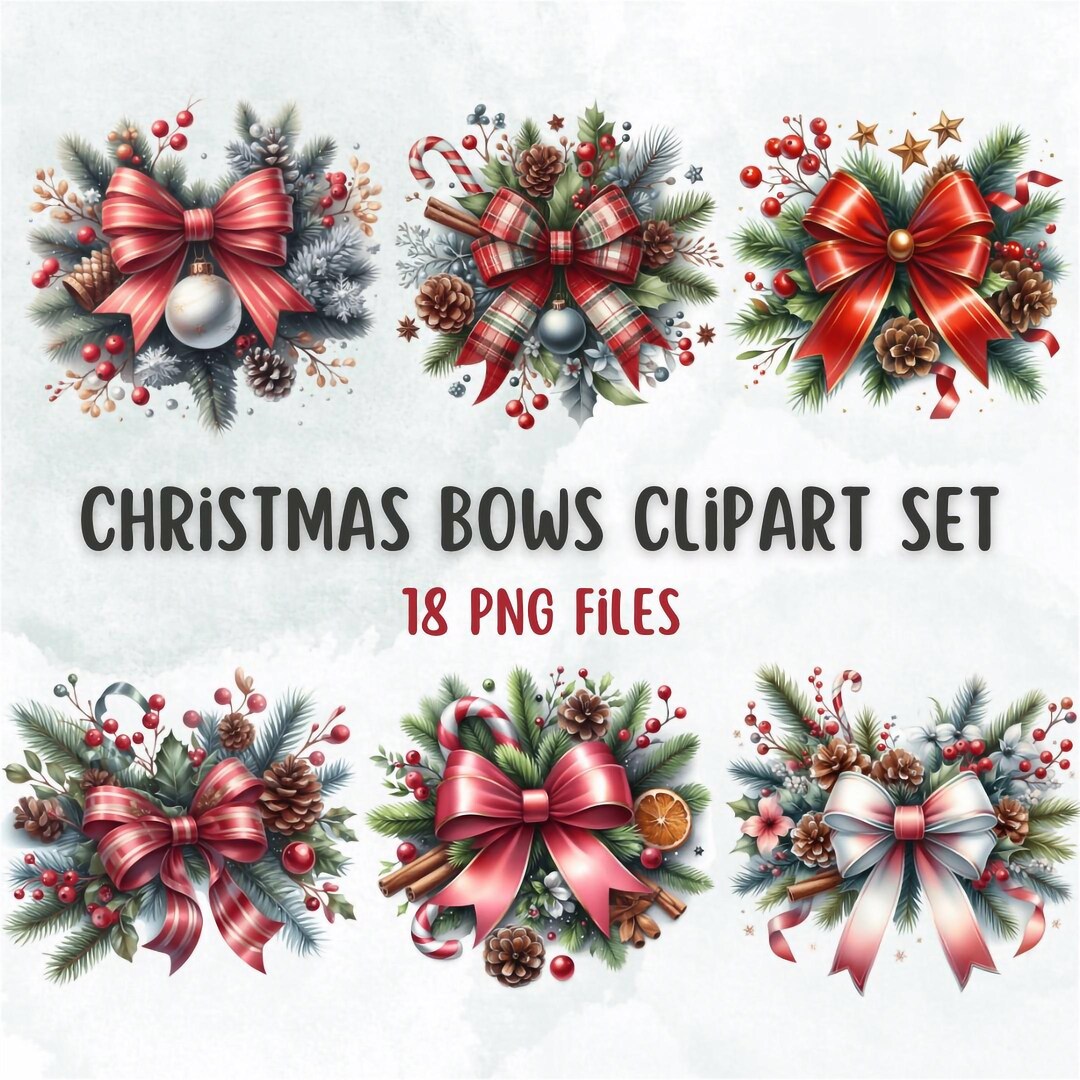 Christmas Bow Clipart Set. Christmas Bow Png, Red Bow Clipart for ...