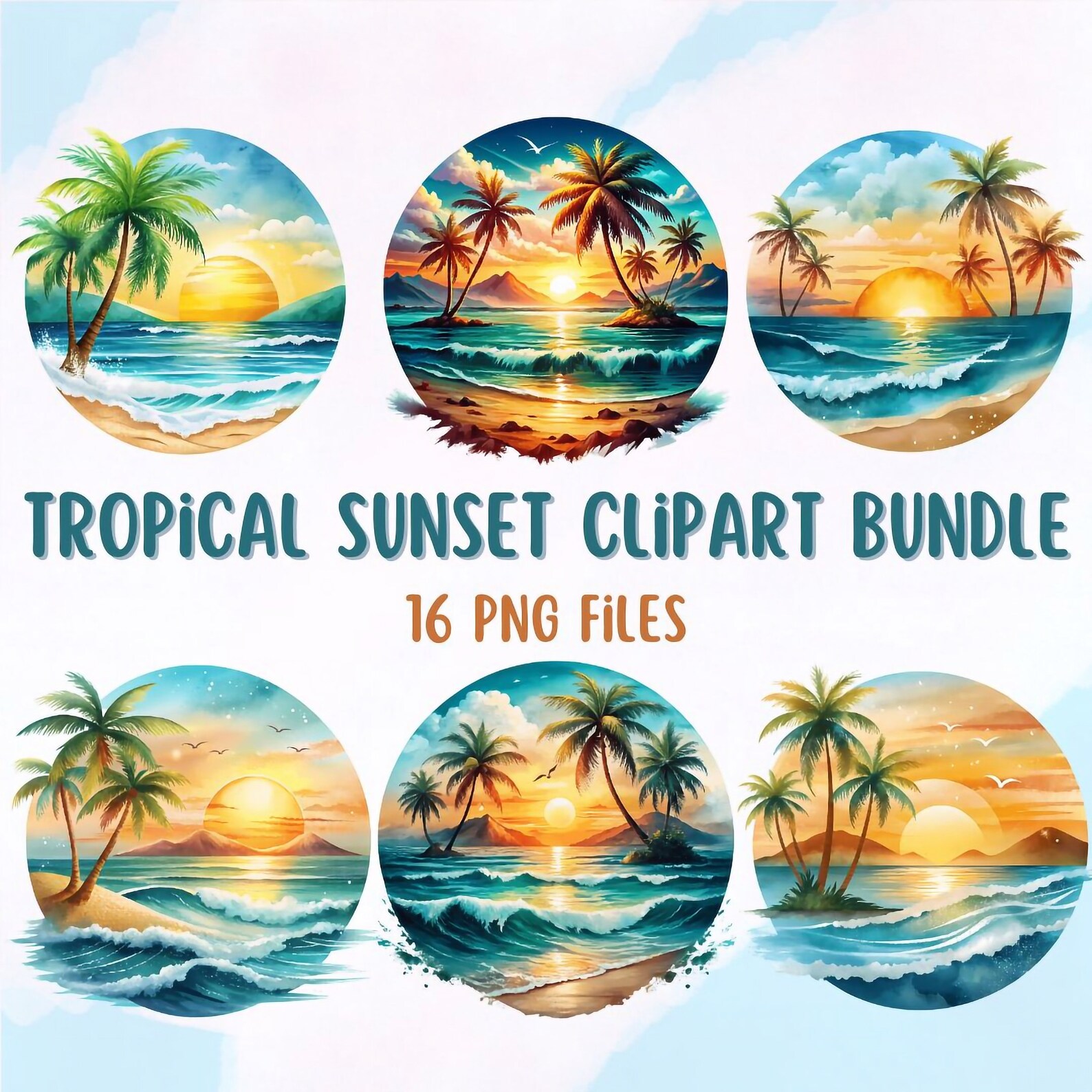 Tropical Sunset Clipart Bundle.a Set of Watercolor Tropical Sunsets for ...