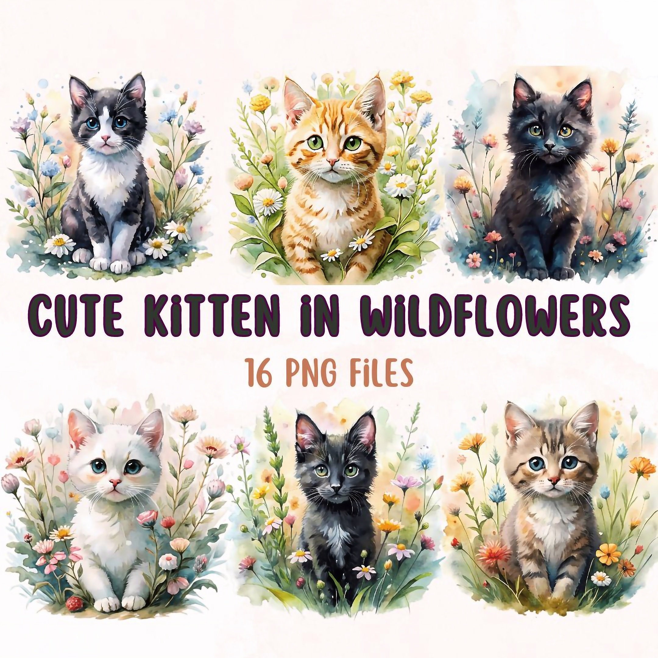 Clipart Bundle Cute Kittens in Wildflowers. Watercolor Kittens for ...