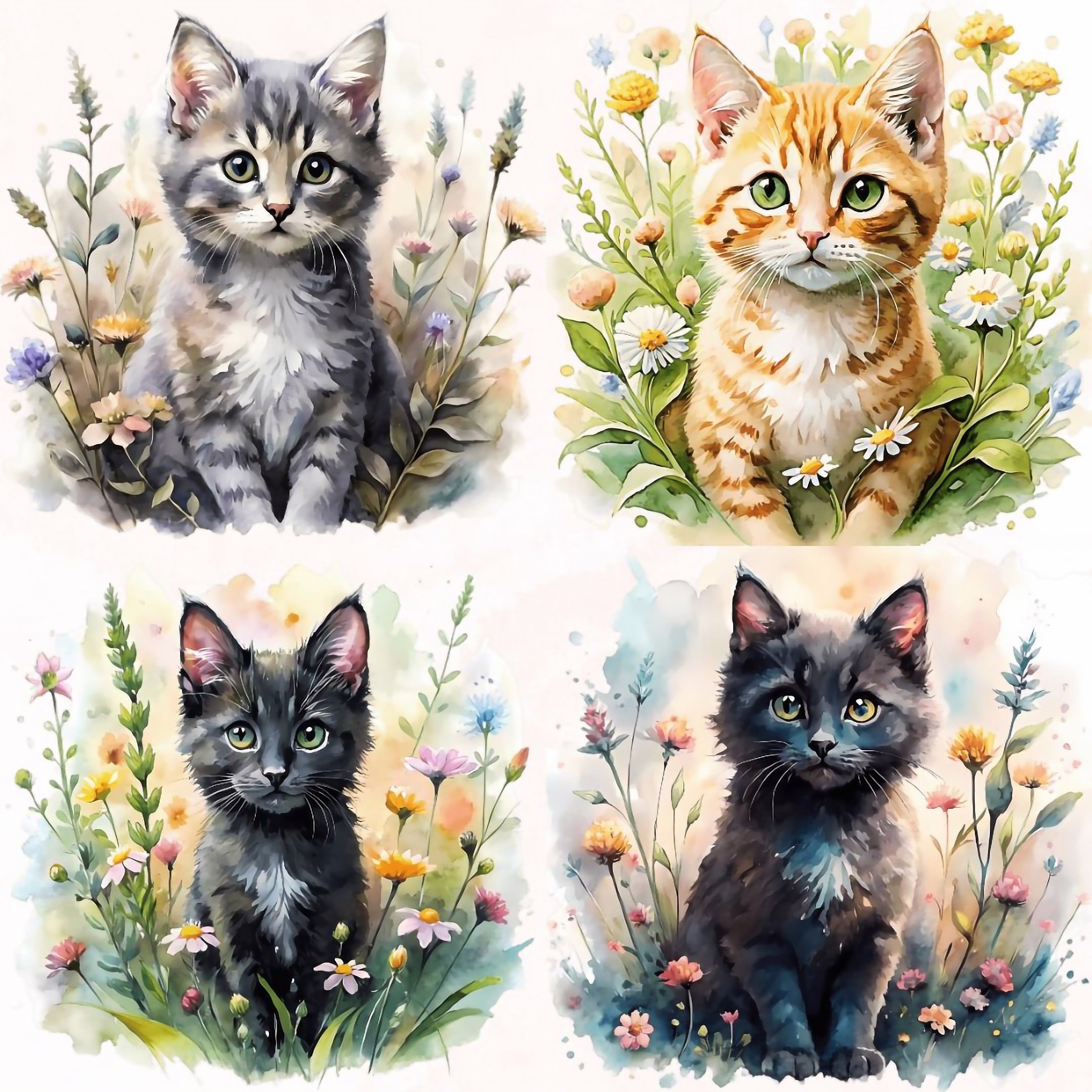 Clipart Bundle Cute Kittens in Wildflowers. Watercolor Kittens for ...