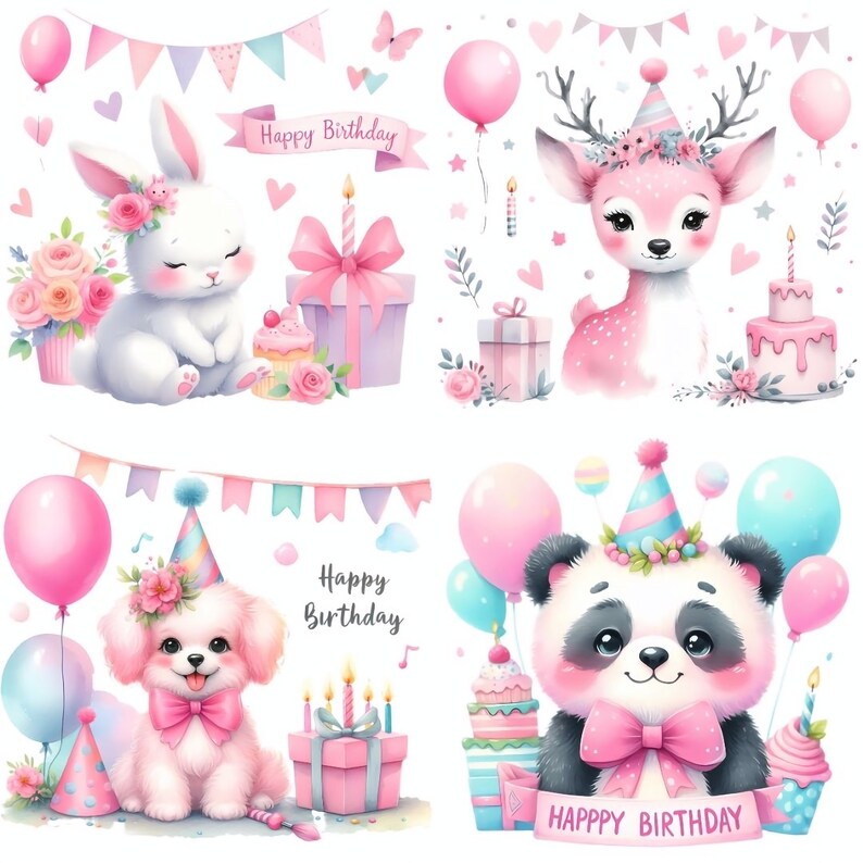 Clipart Collection Cute Animals on Birthday,watercolor Birthday Png ...