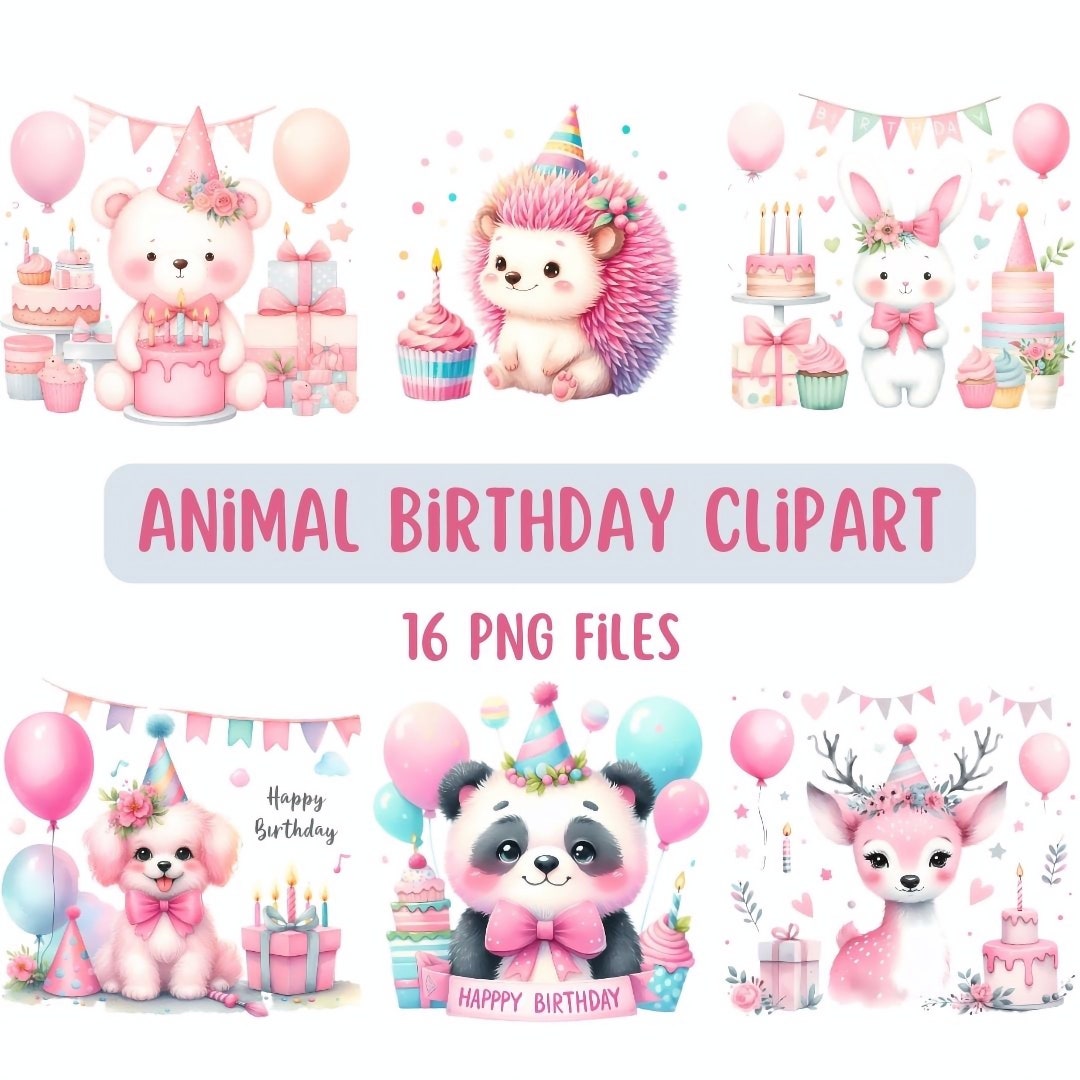 Clipart Collection Cute Animals on Birthday,watercolor Birthday Png ...