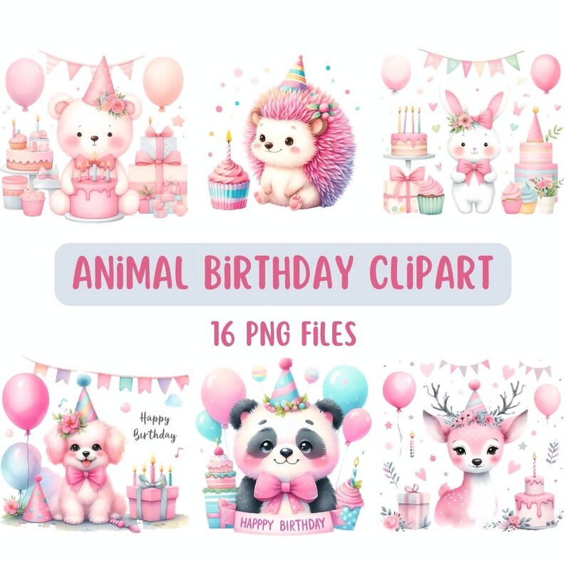 Clipart Collection Cute Animals on Birthday,watercolor Birthday Png ...