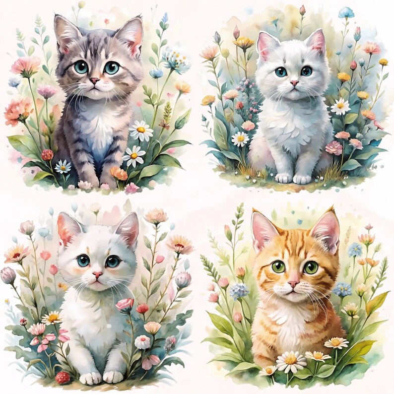 Clipart Bundle Cute Kittens in Wildflowers. Watercolor Kittens for ...