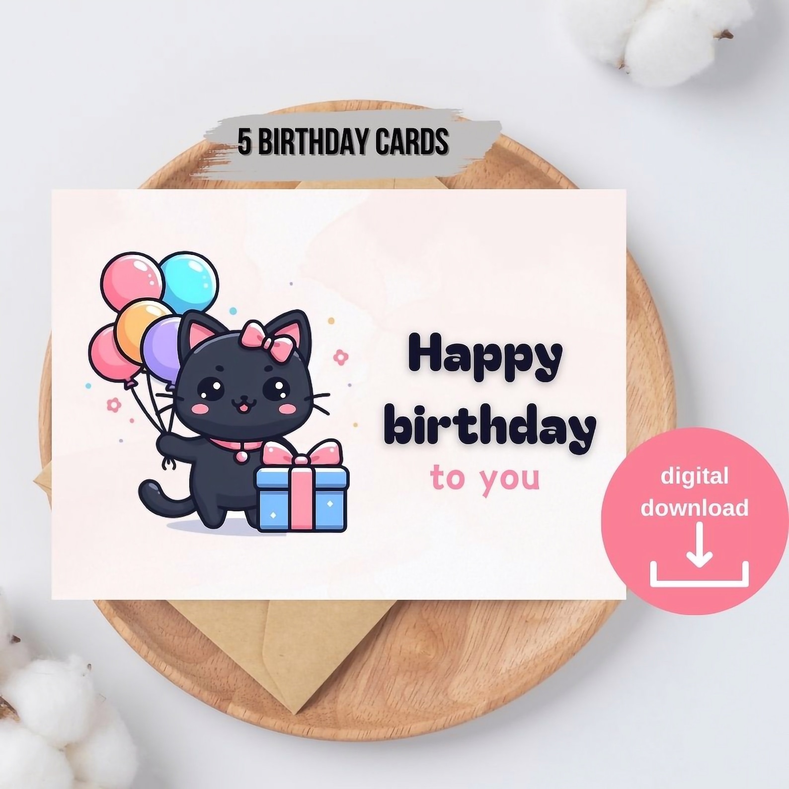Birthday Card for Digital Download, Cute Kitten Birthday Card, Digital ...