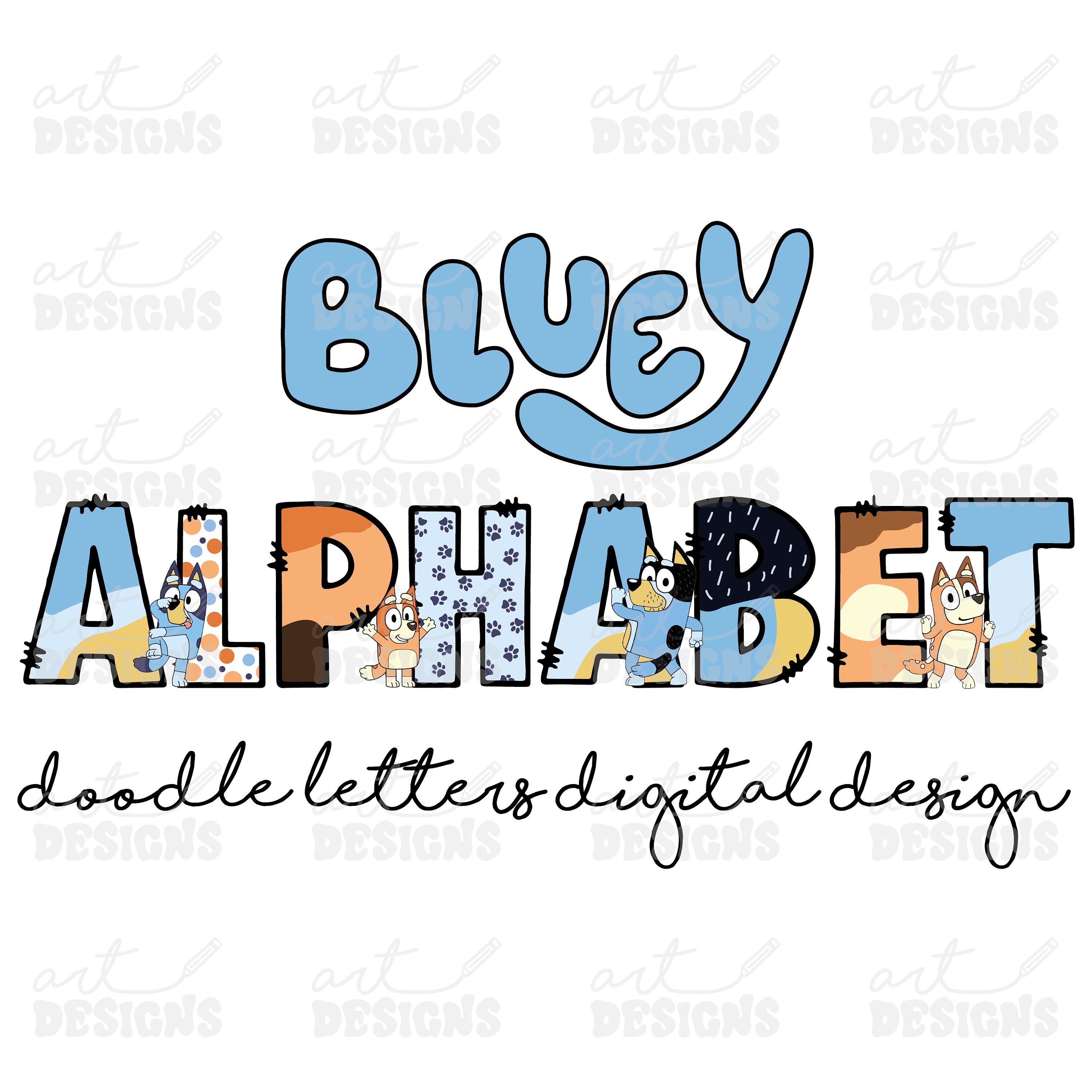 Bluey Doodle Letters Clipart Elements, Uppercase Alphabet Set, Blue Dog ...