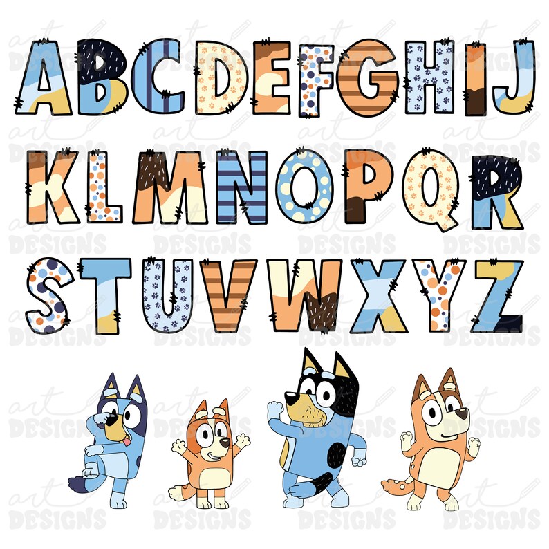 Bluey Doodle Letters Clipart Elements, Uppercase Alphabet Set, Blue Dog ...