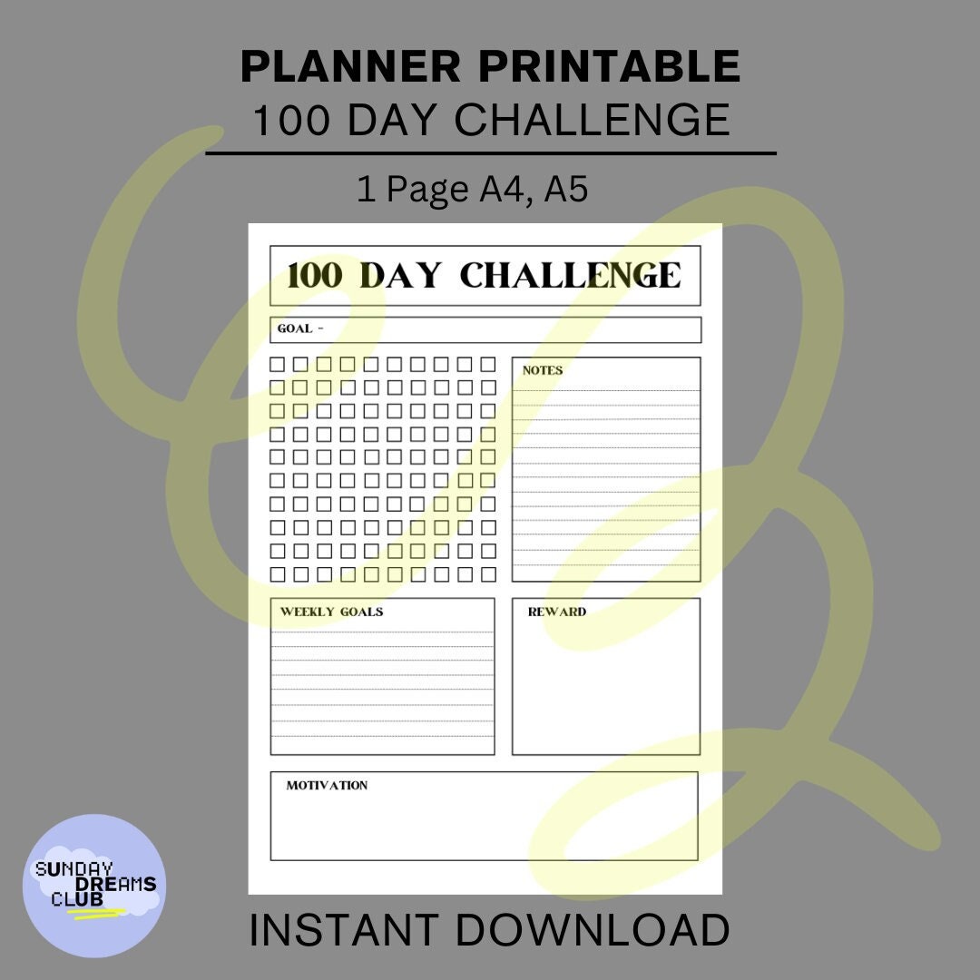 100 Day Challenge Planner Printable A4/A5 - Etsy