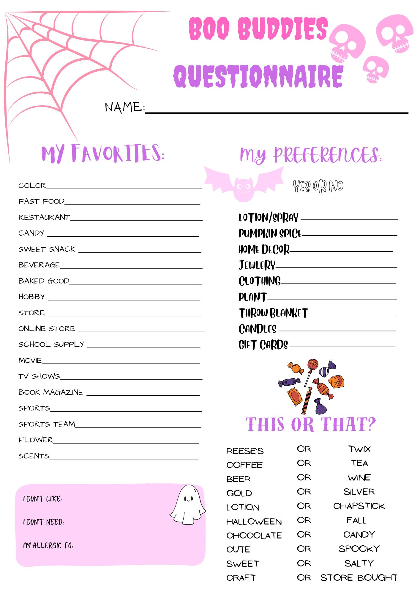 Boo Buddies Questionnaire - Etsy