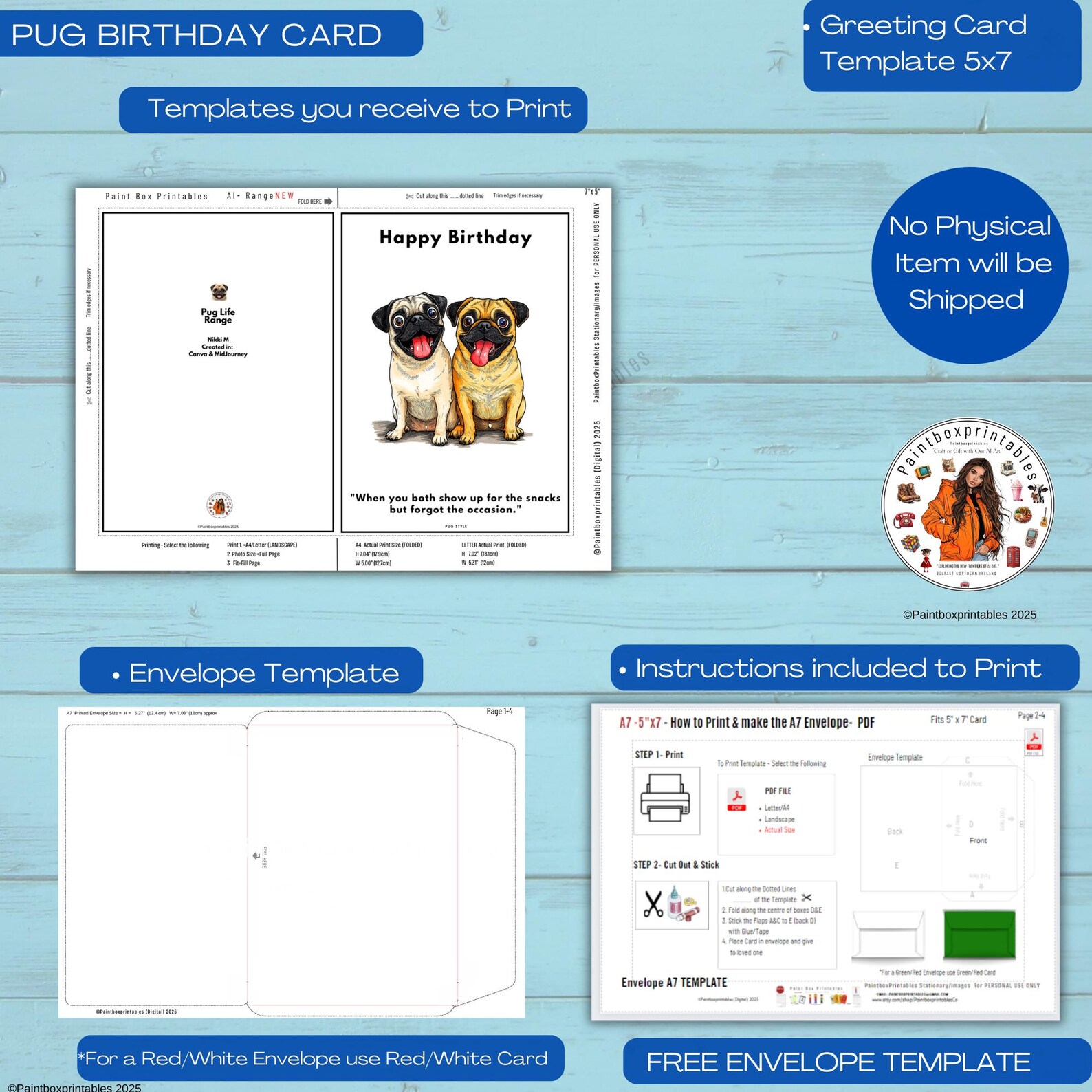 5x7" 'PUG- Printable Birthday Card–"double the Pugs, Double the Laughs ...