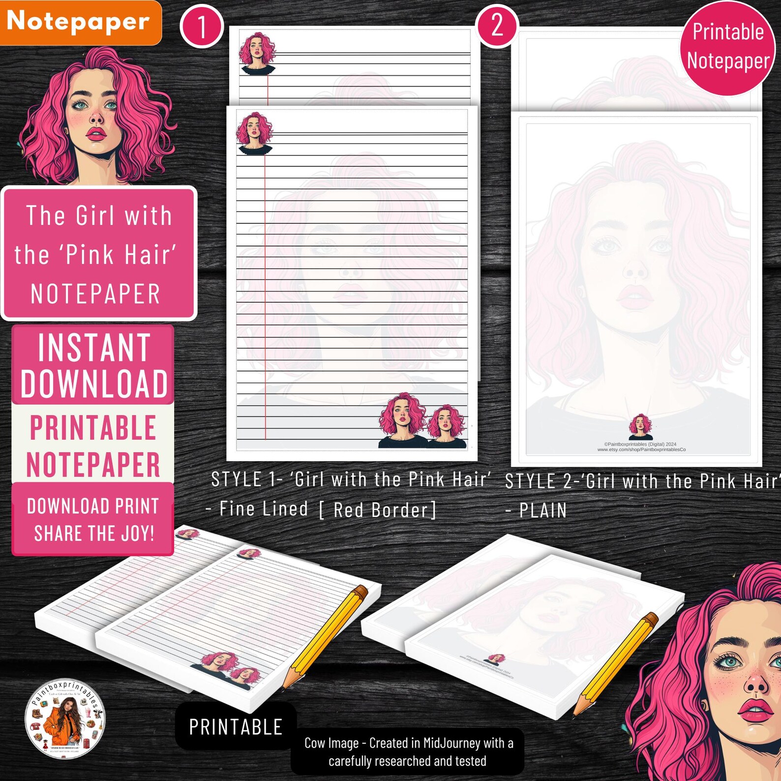 Printable Notepaper 'the Girl With the Pink Hair' 2 STYLES Printable ...