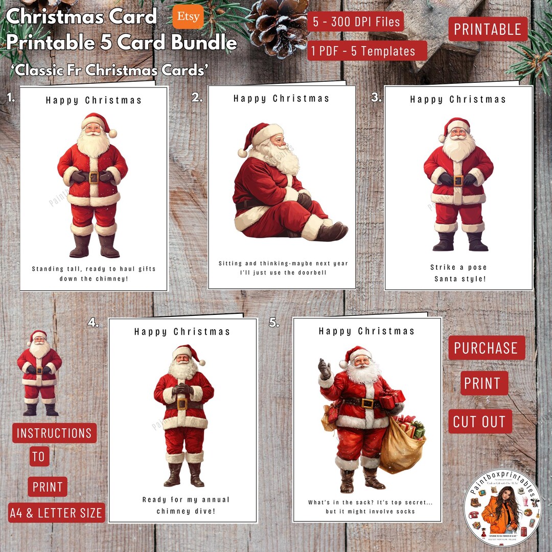 Set of 5 Printable Santa Christmas Cards With Classic Illustrations ...