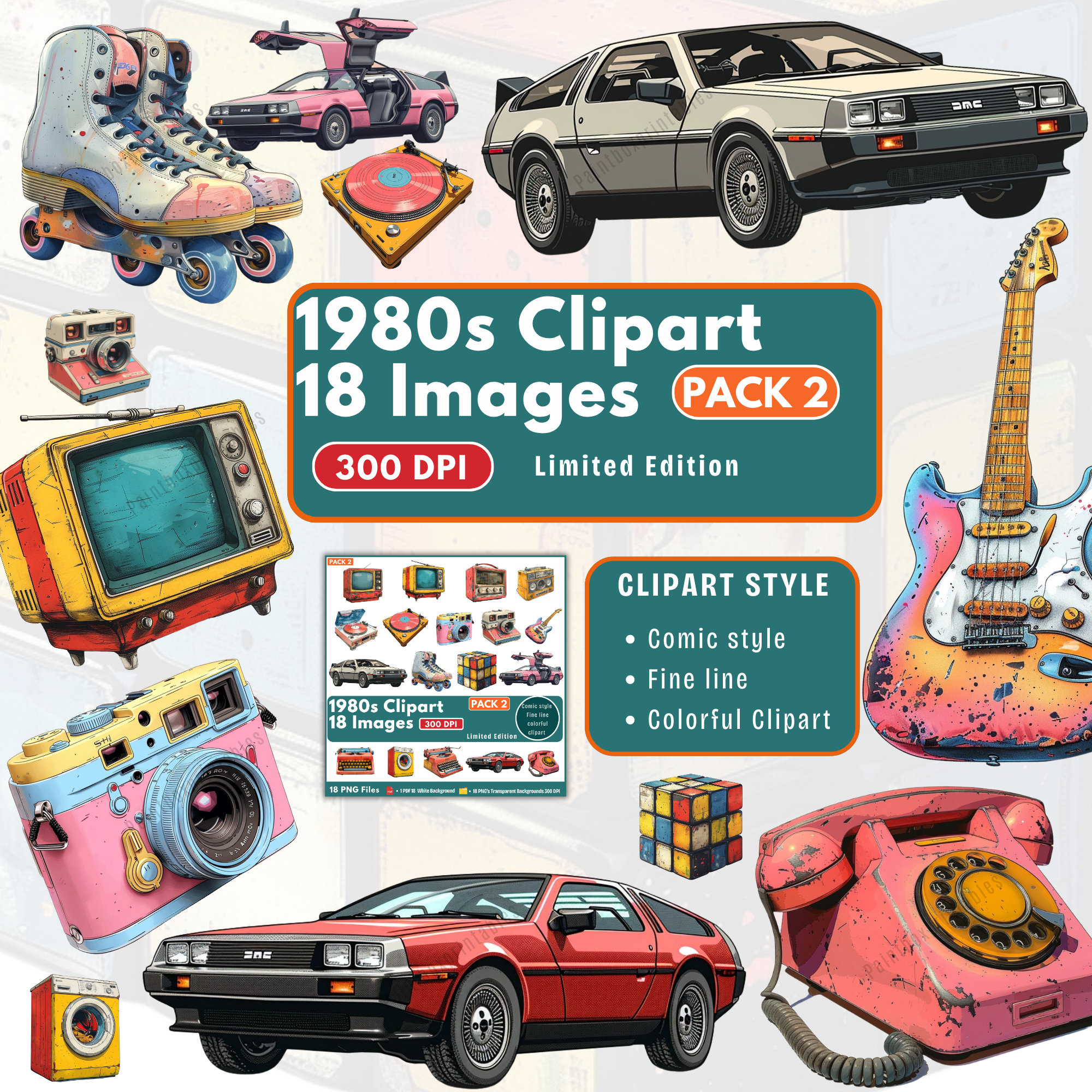 1980s Clipart| PACK 2 | 18- 300 DPI Pngs Comic Style| Pop Culture ...
