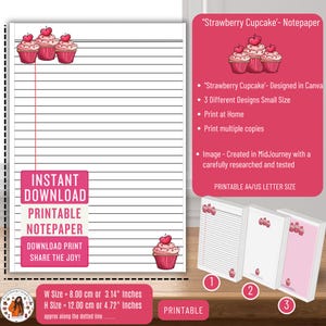 Printable Notepaper 'strawberry Cupcake' 3 STYLES Printable |writing ...