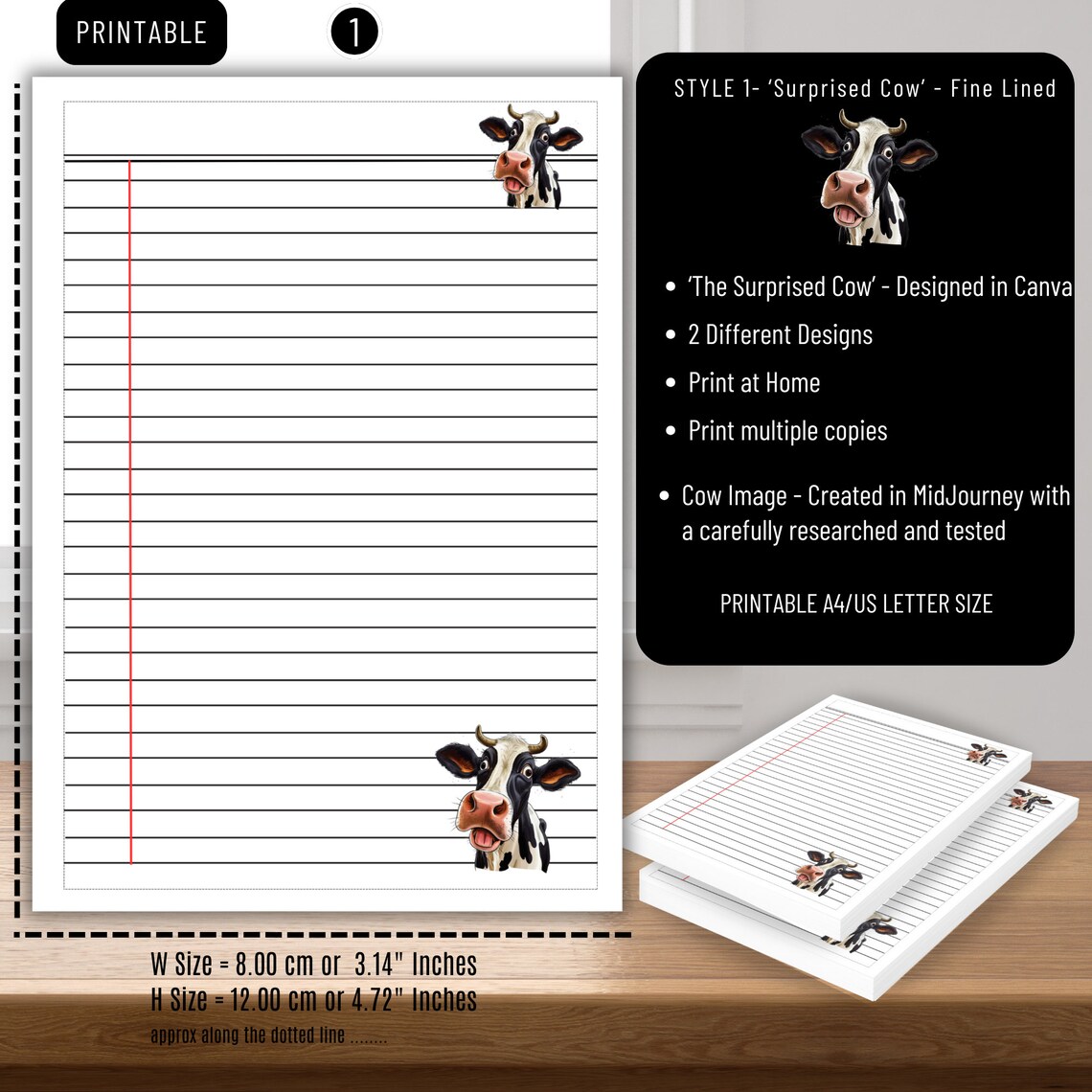Printable Notepaper 'surprised Cow' 2 STYLES Printable writing Bundle ...