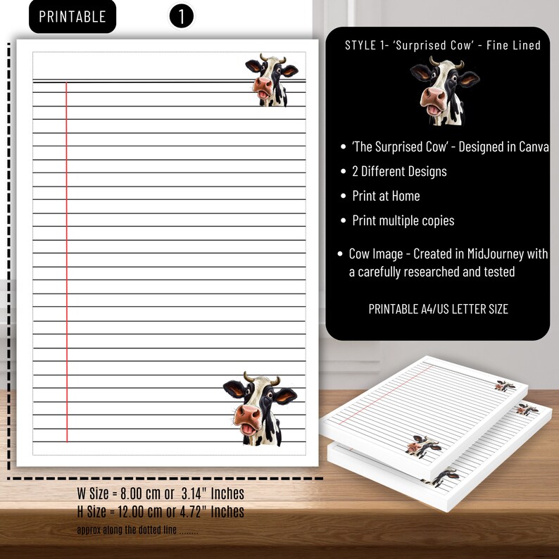 Printable Notepaper 'surprised Cow' 2 STYLES Printable |writing Bundle ...