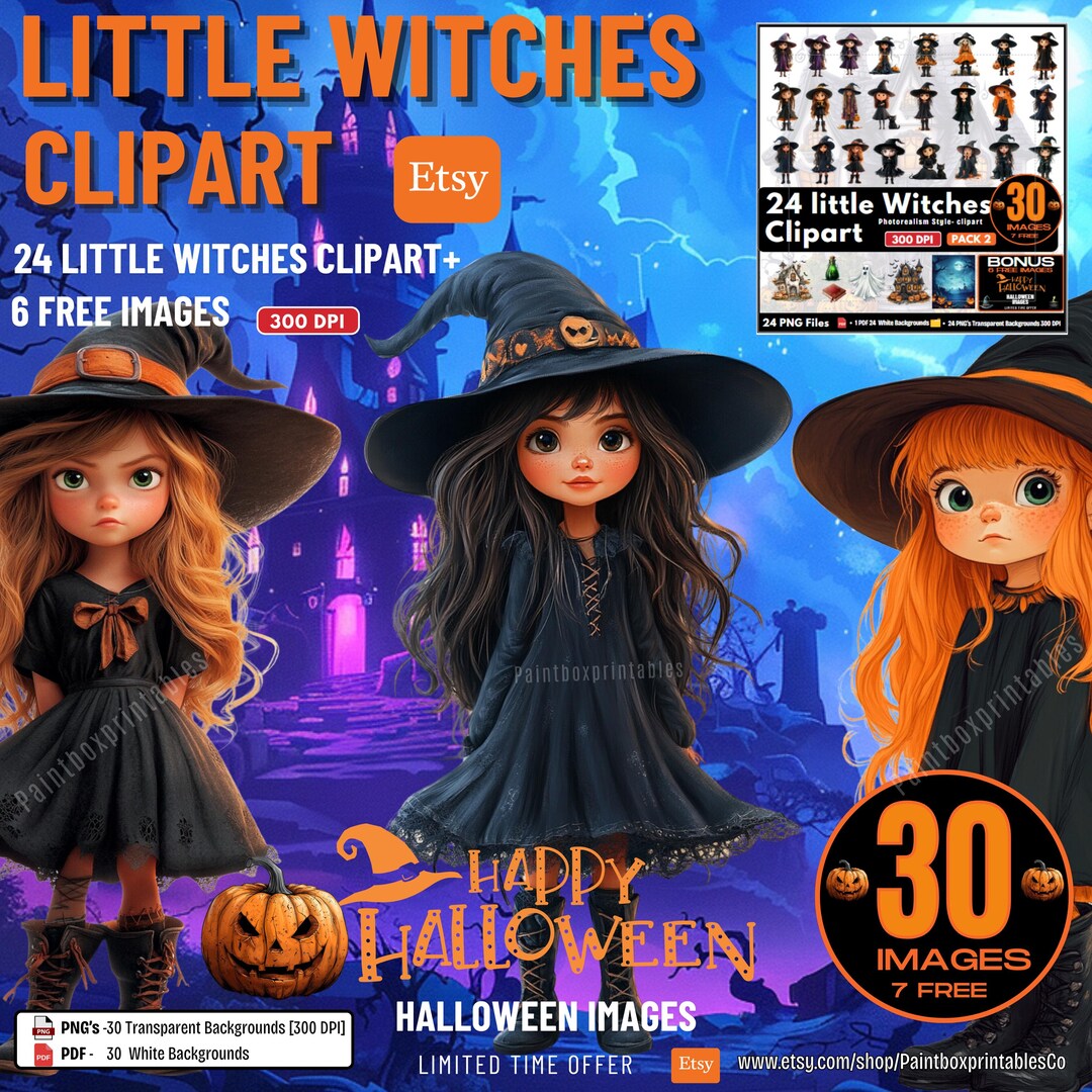 Pack 2 Halloween Clipart: Little Witches PNG Images (commercial Use) - Etsy