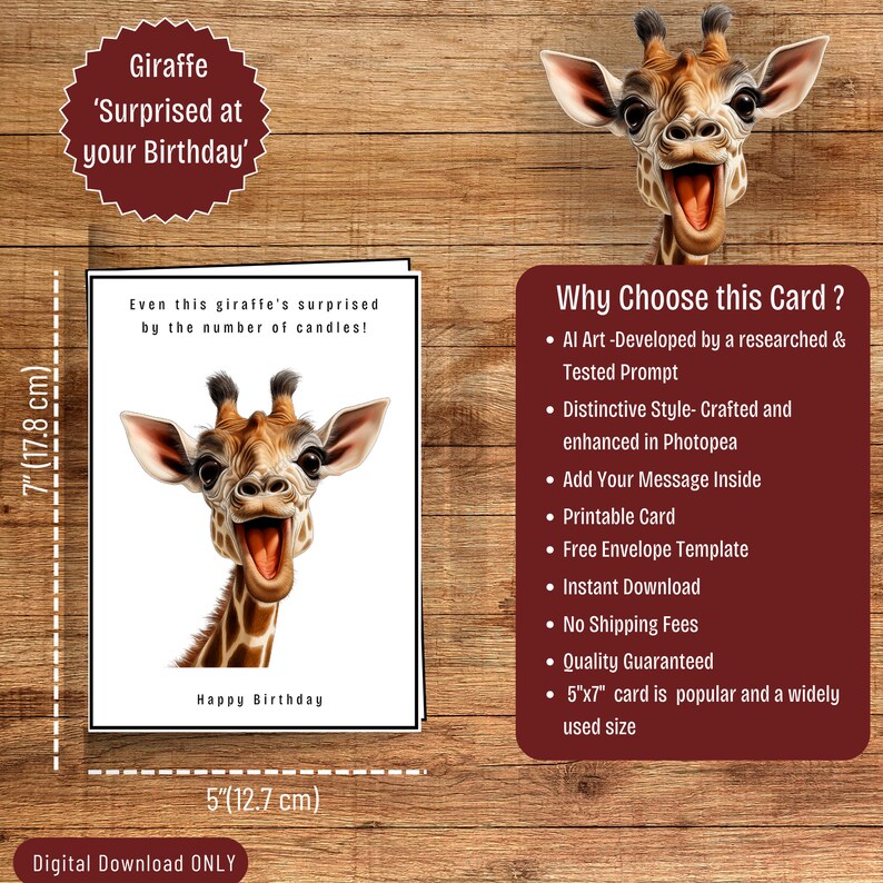 5x7"giraffe Surprised at Your Age!’|happy Birthday |printable Birthday ...
