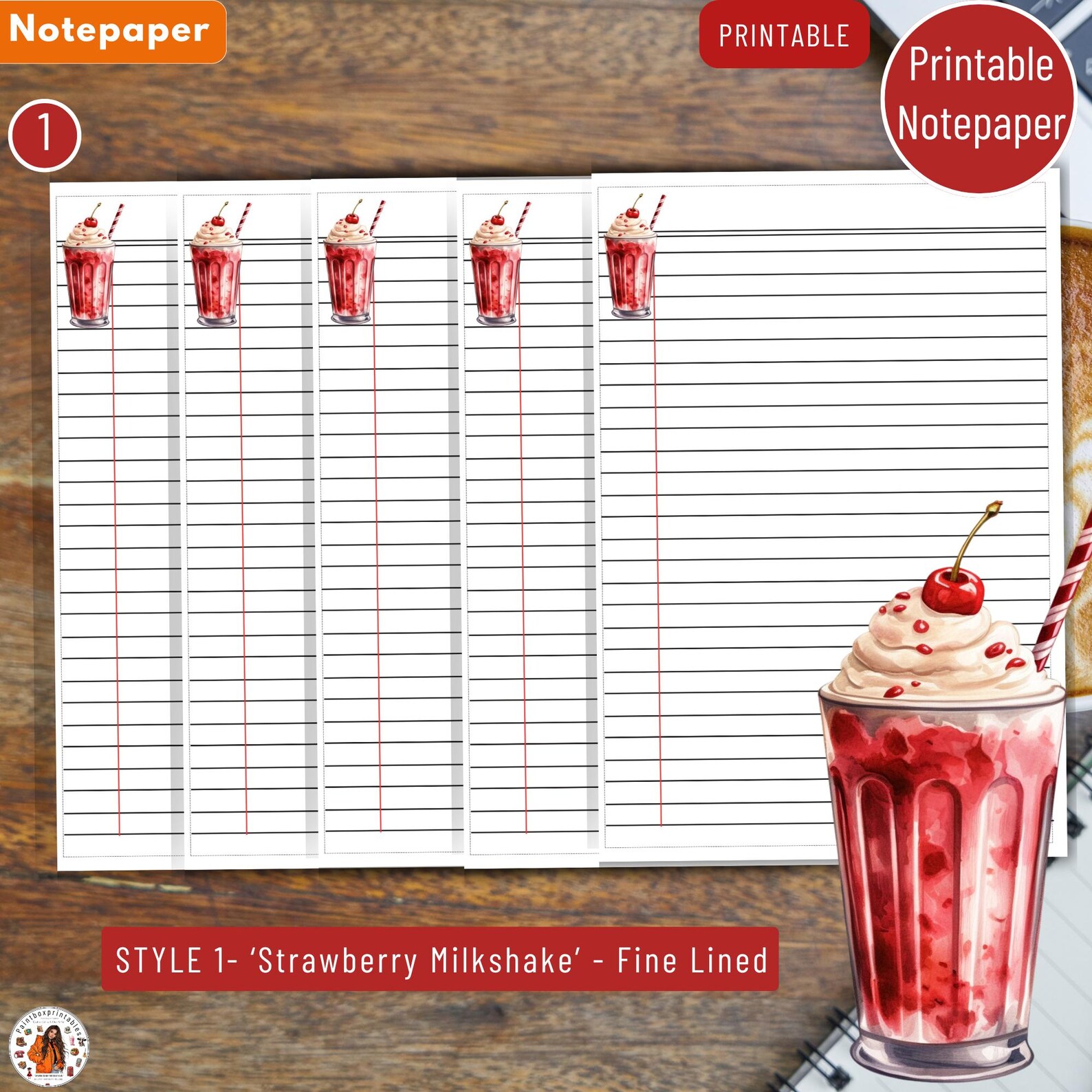 Printable Notepaper 'strawberry Milkshake' 2 STYLES Printable |writing ...