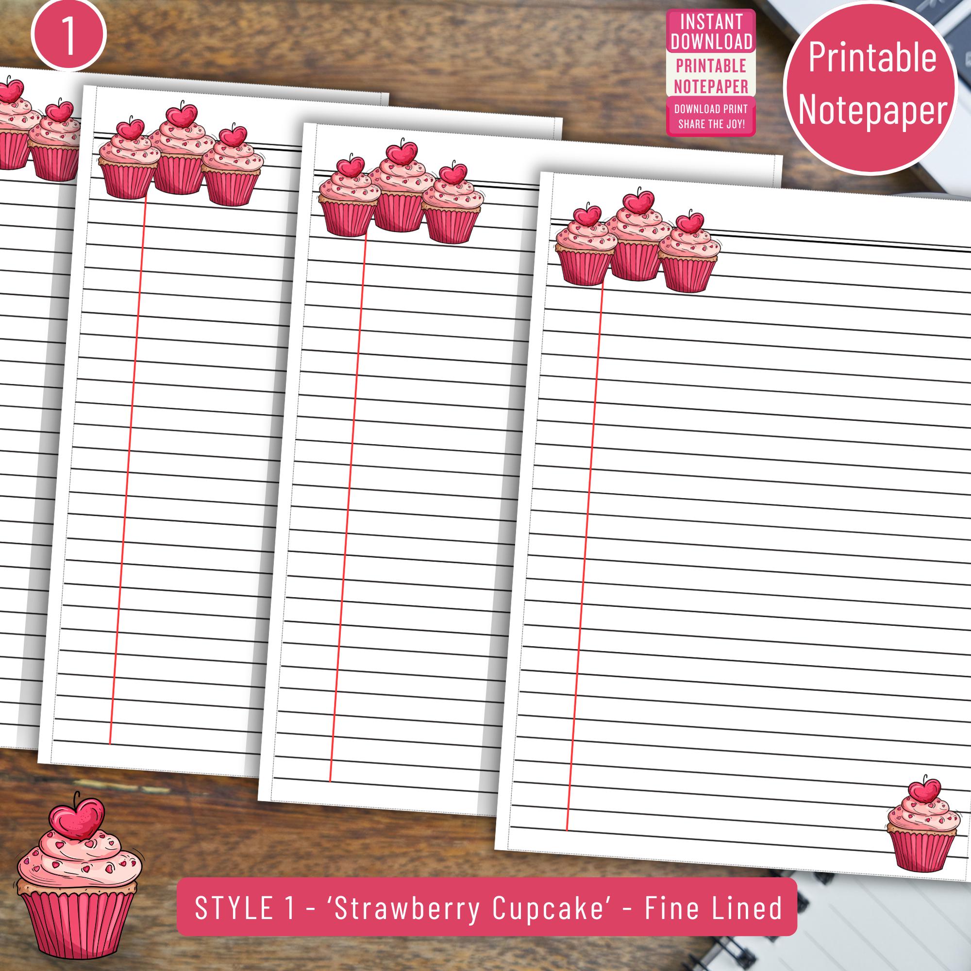 Printable Notepaper 'strawberry Cupcake' 3 STYLES Printable |writing ...