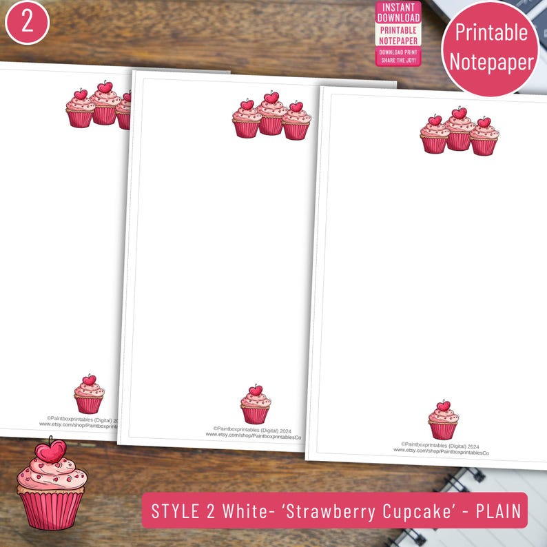 Printable Notepaper 'strawberry Cupcake' 3 STYLES Printable |writing ...