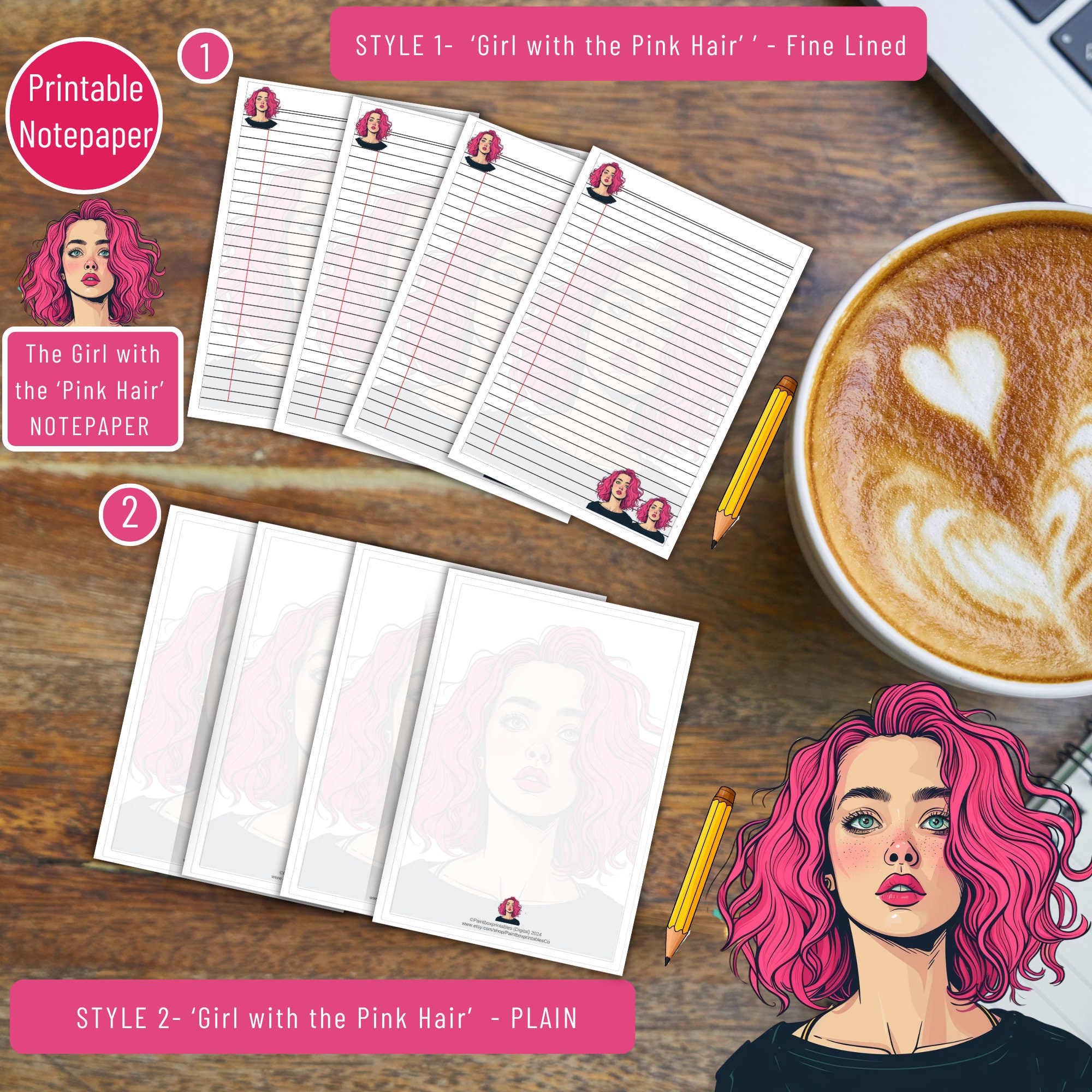 Printable Notepaper 'the Girl With the Pink Hair' 2 STYLES Printable ...