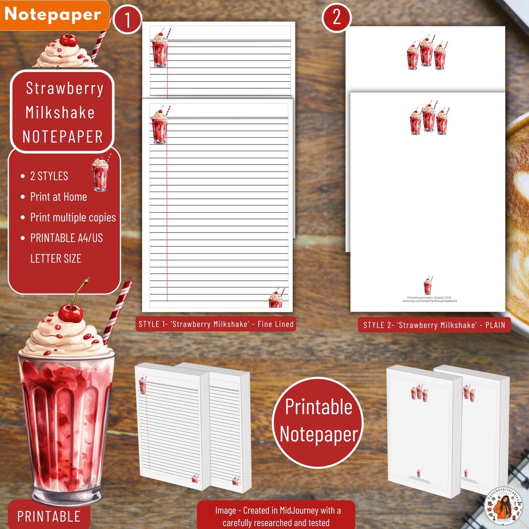 Printable Notepaper 'strawberry Milkshake' 2 STYLES Printable |writing ...