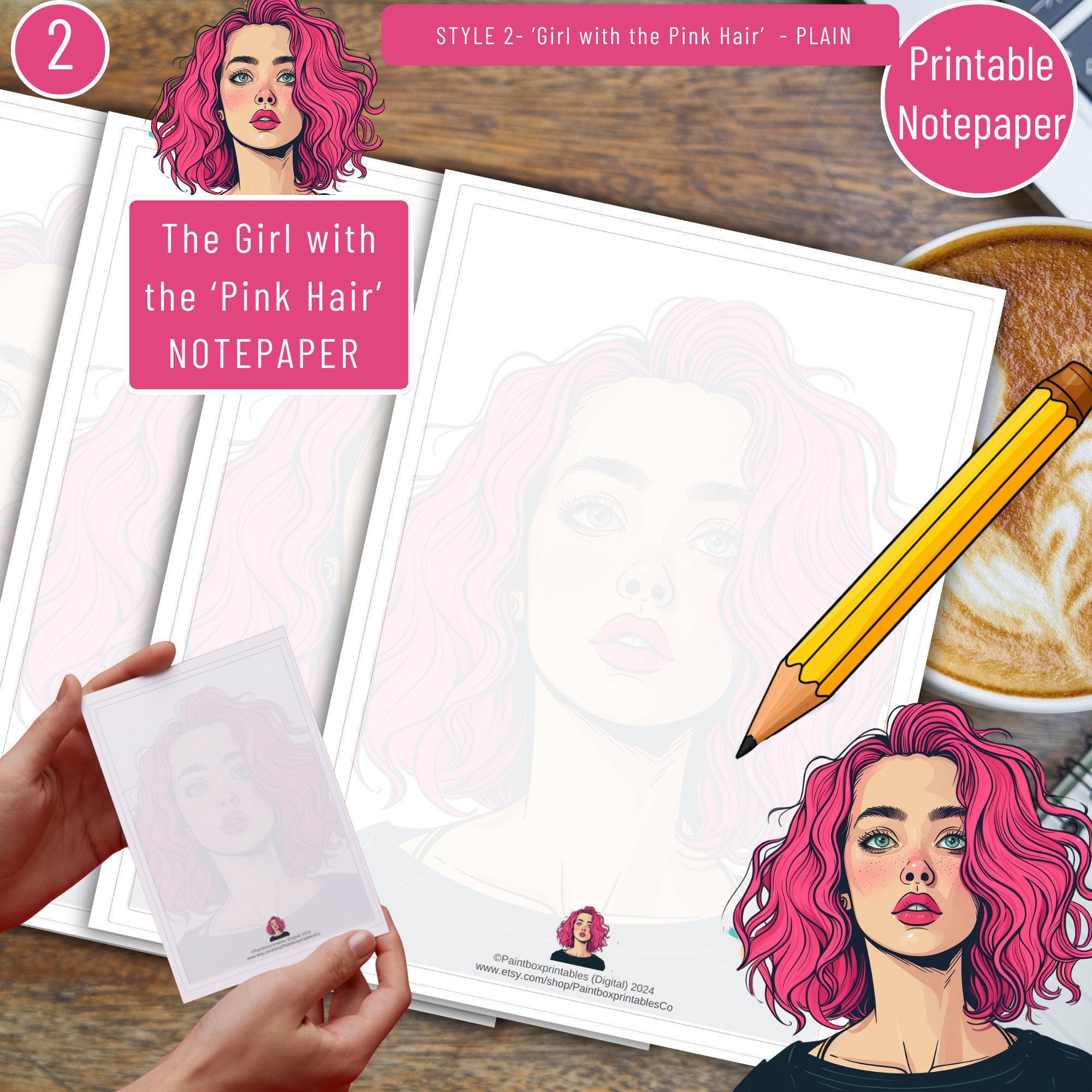 Printable Notepaper 'the Girl With the Pink Hair' 2 STYLES Printable ...