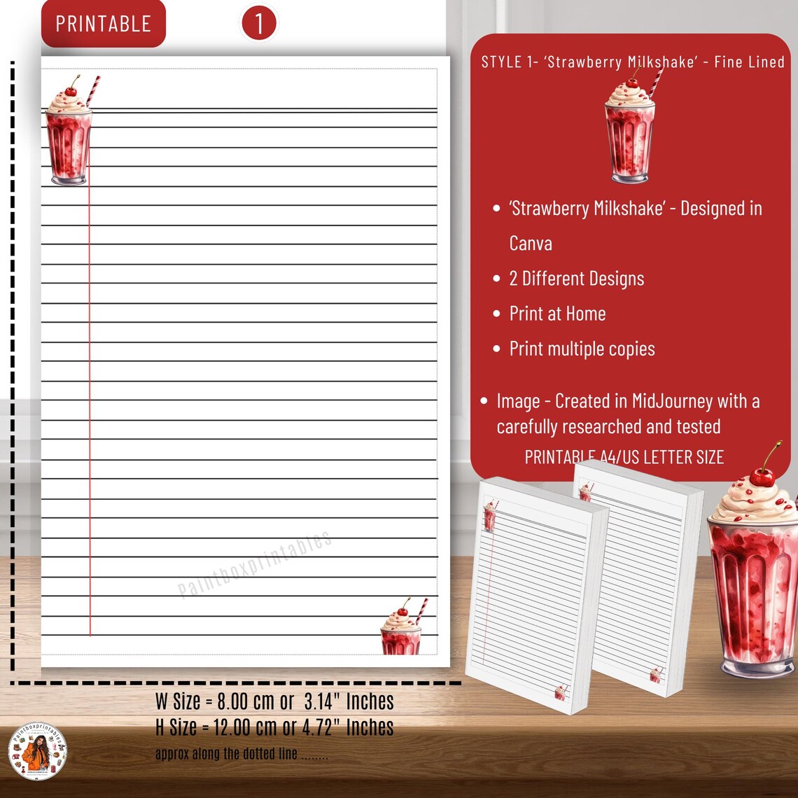 Printable Notepaper 'strawberry Milkshake' 2 STYLES Printable |writing ...