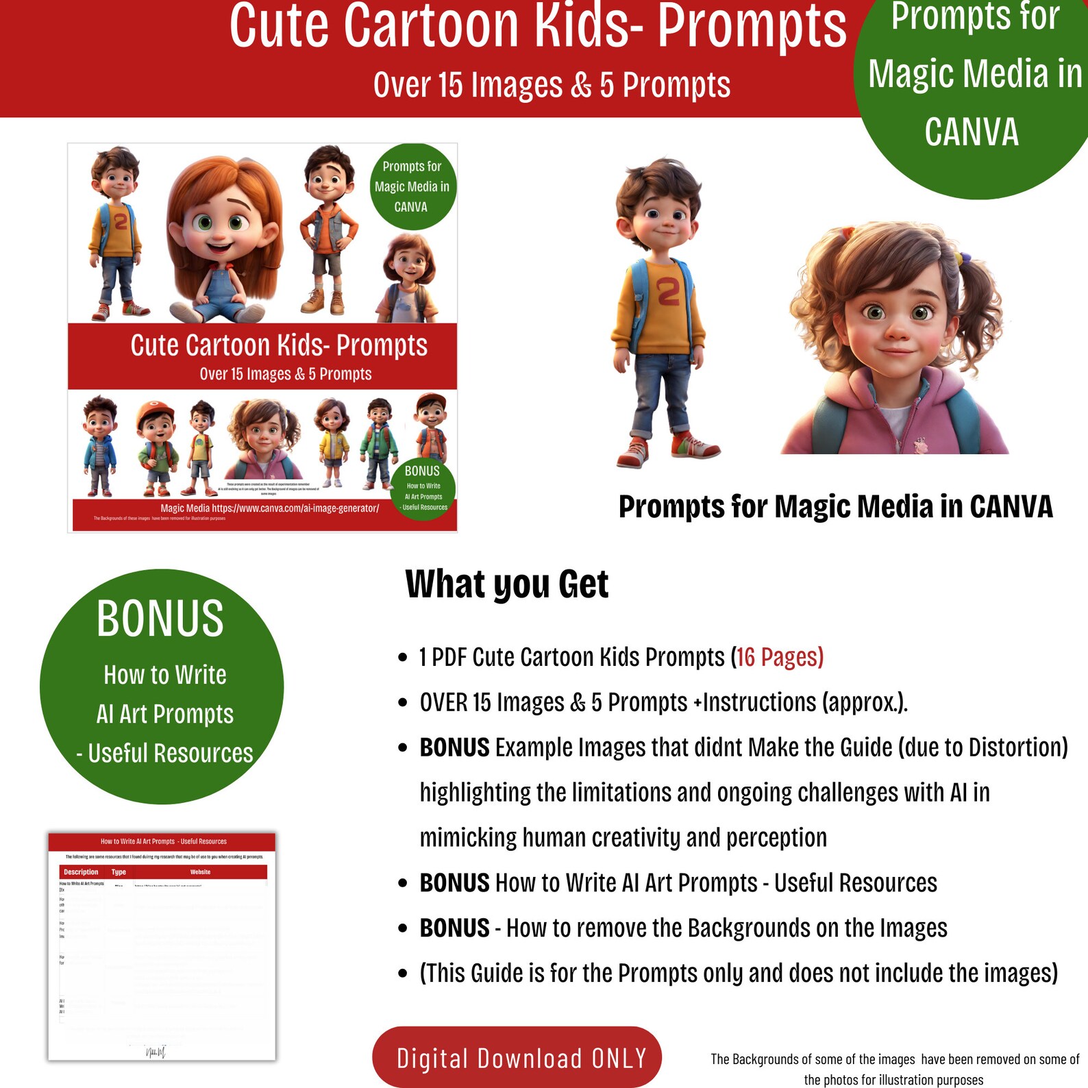 Cute KID Cartoon AI Art Prompt Guide14 Pgs5 Prompts 20 Images/prompts ...