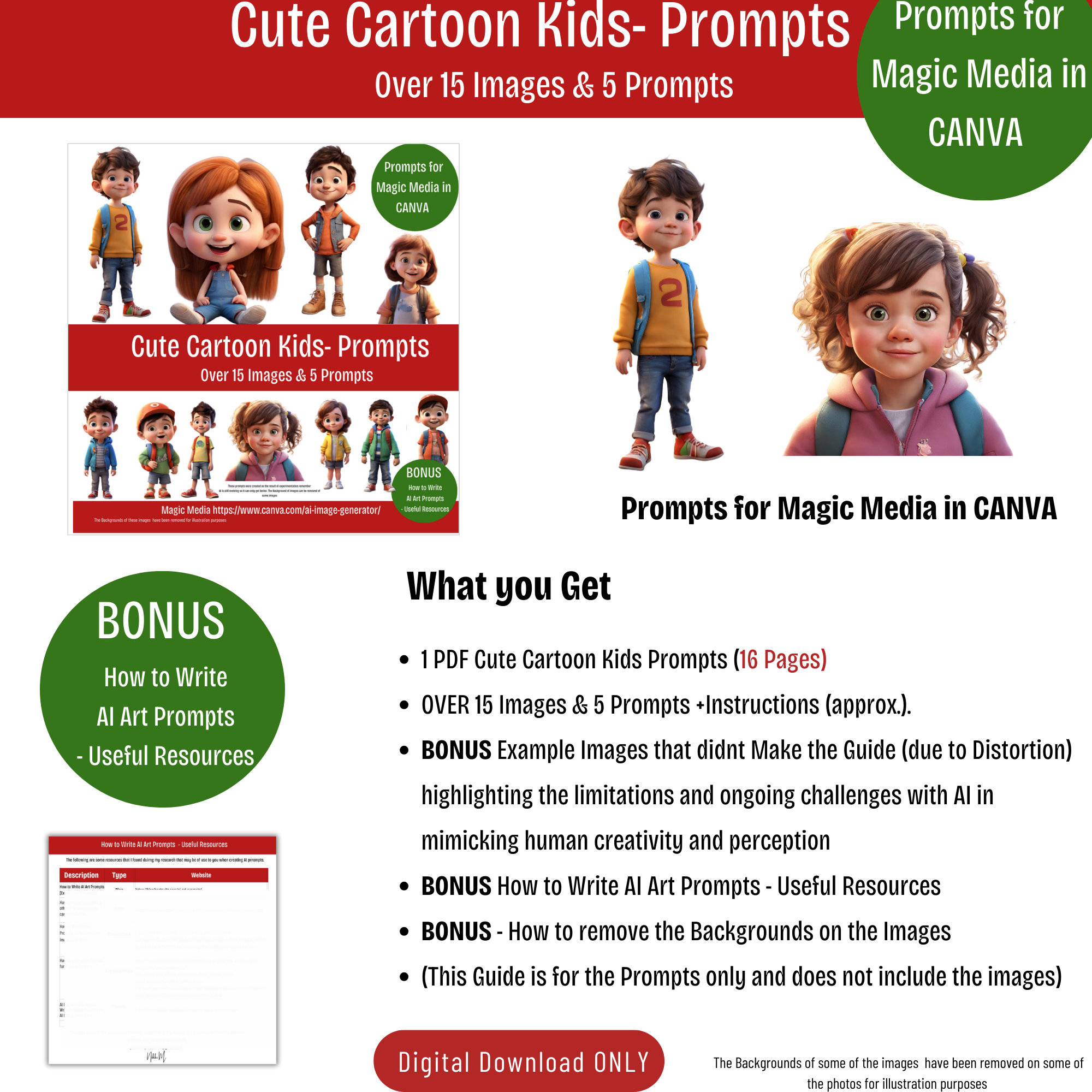 Cute KID Cartoon AI Art Prompt Guide[14 Pgs]5 Prompts 15 (example ...