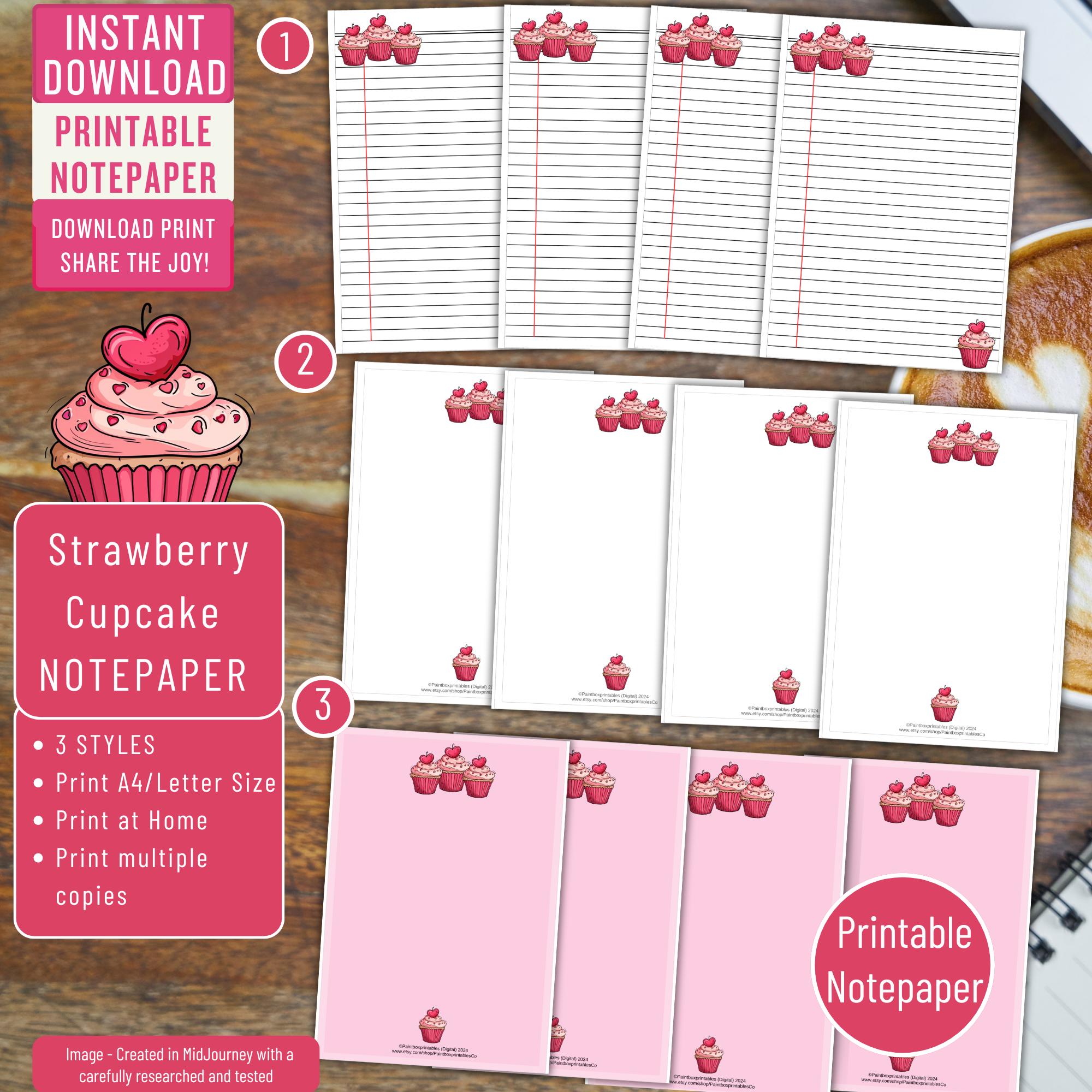 Printable Notepaper 'strawberry Cupcake' 3 STYLES Printable |writing Bundle| Digital Printable ...