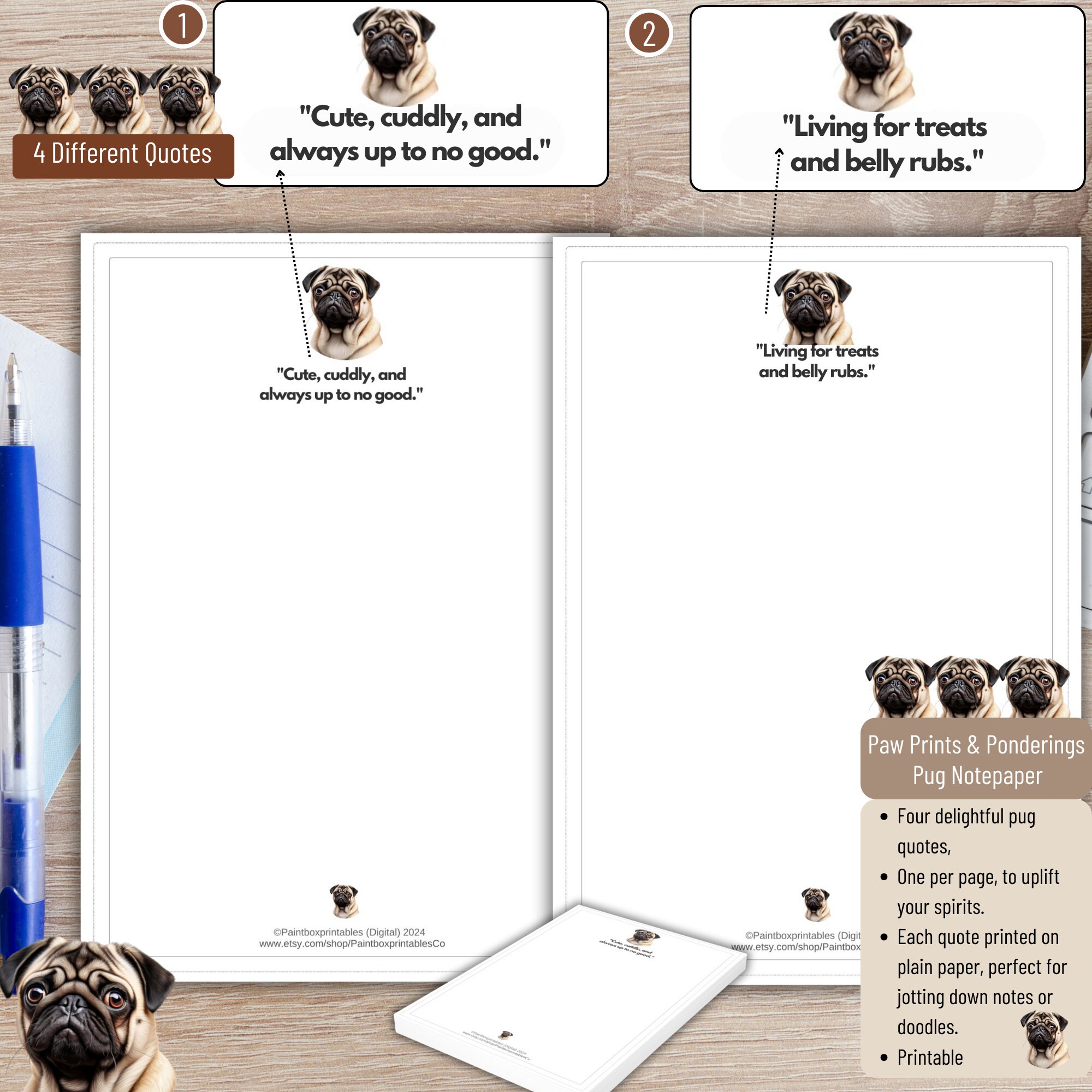 Printable Notepaper Pug -set - 4 Quotes, 4 Pages - Small Size 'paw ...