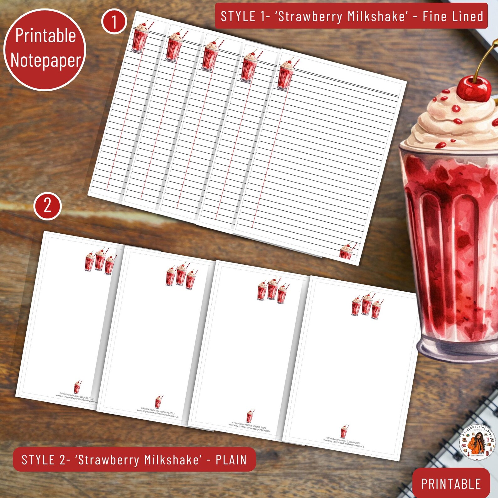 Printable Notepaper 'strawberry Milkshake' 2 STYLES Printable |writing ...
