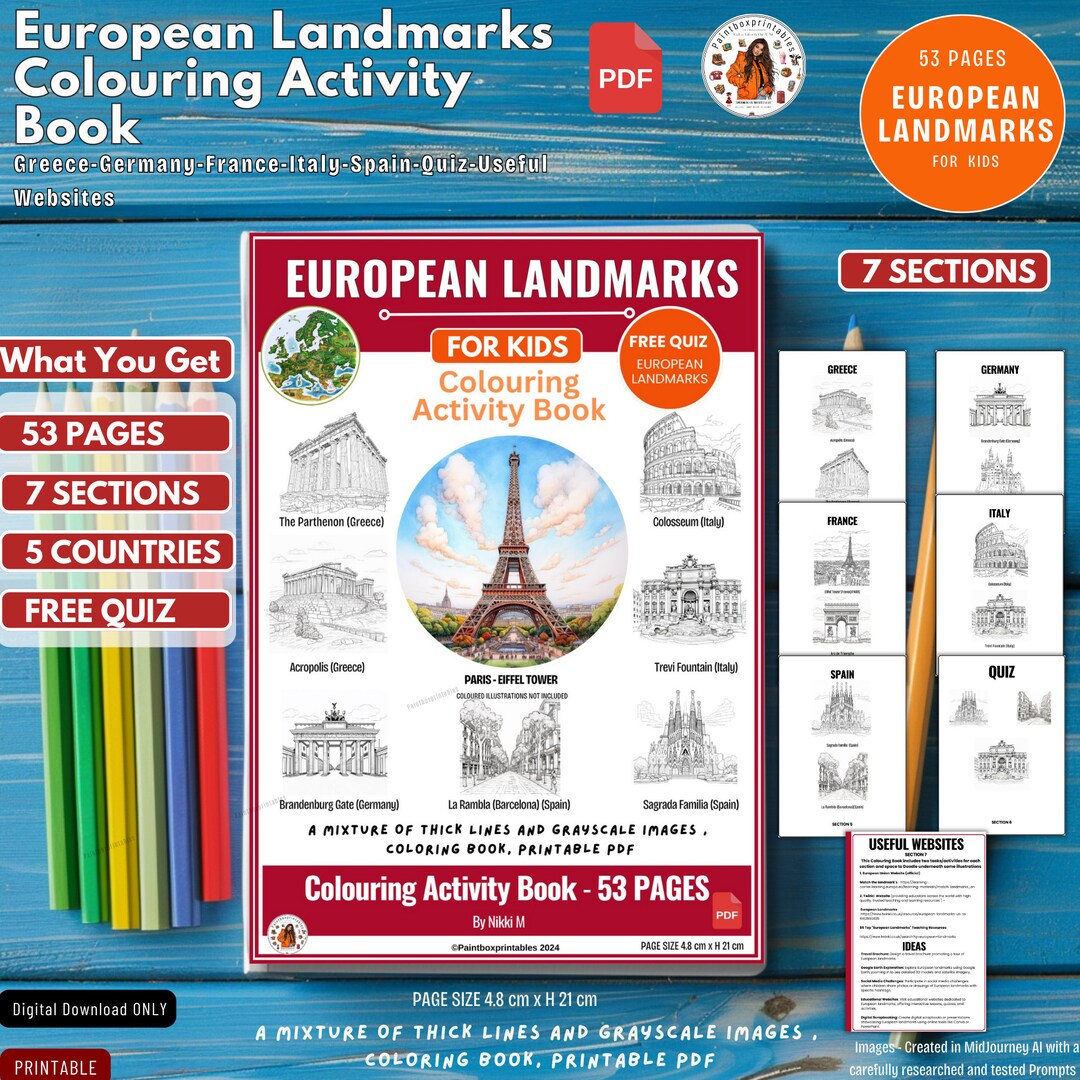 European Landmarks Coloring Activity Book-5 Countries 7 Sections With ...