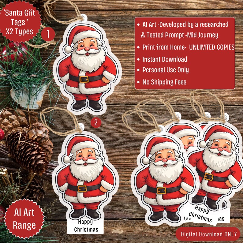32 Santa Cut Out Gift Tags X 2 Pages |happy Christmas|printable Holiday ...