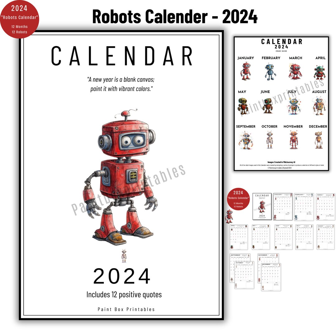 Robots: 12 Month 2024 Calendar Yearly Calendar Printable, A4/ Letter ...
