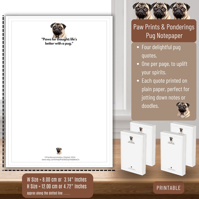 Printable Notepaper Pug -set - 4 Quotes, 4 Pages - Small Size 'paw ...