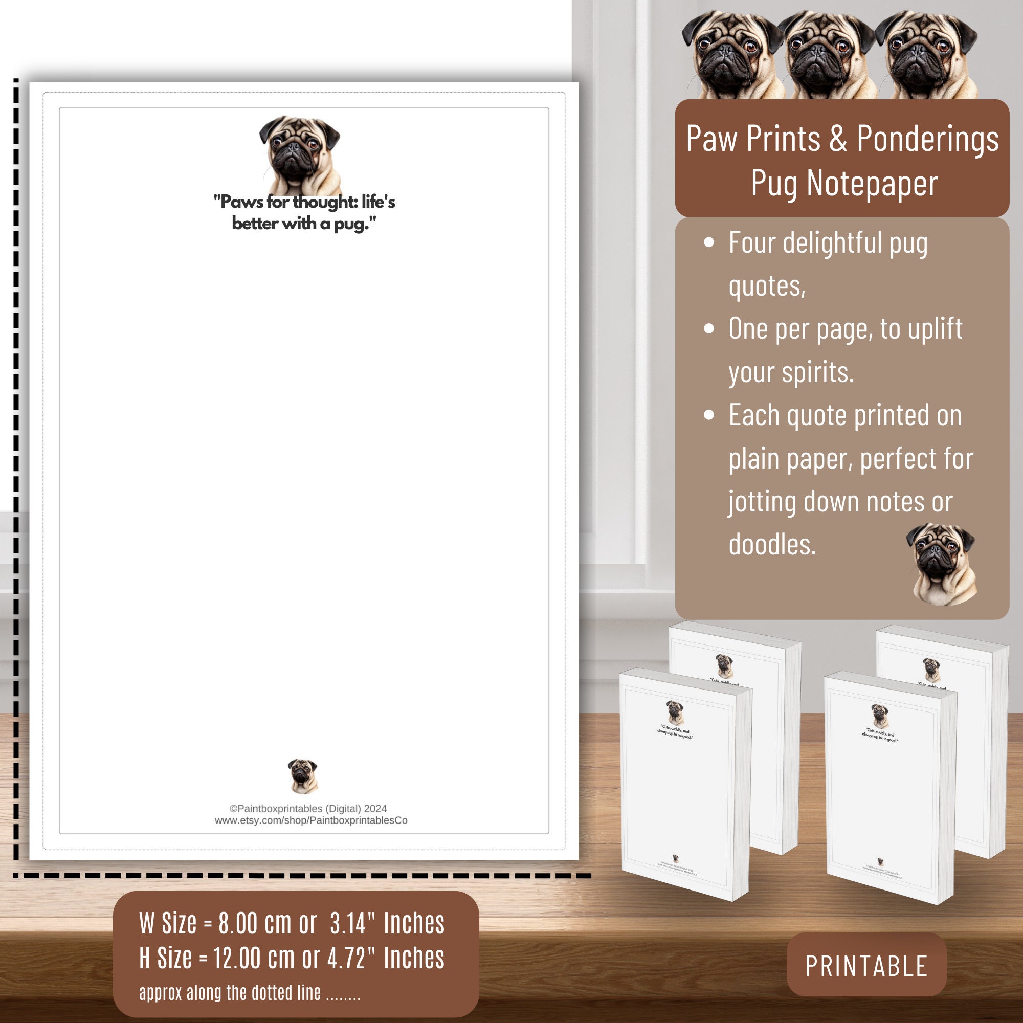 Printable Notepaper Pug -set - 4 Quotes, 4 Pages - Small Size 'paw ...