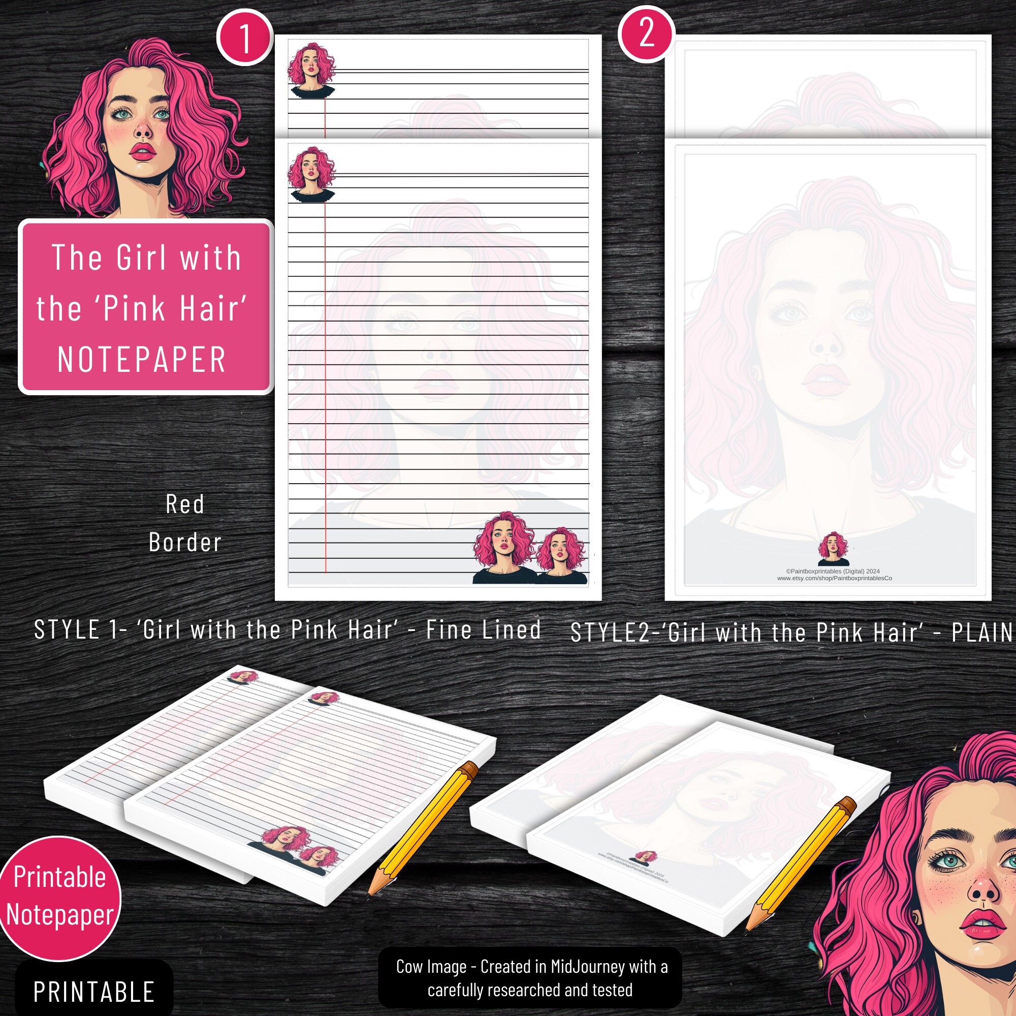 Printable Notepaper 'the Girl With the Pink Hair' 2 STYLES Printable ...