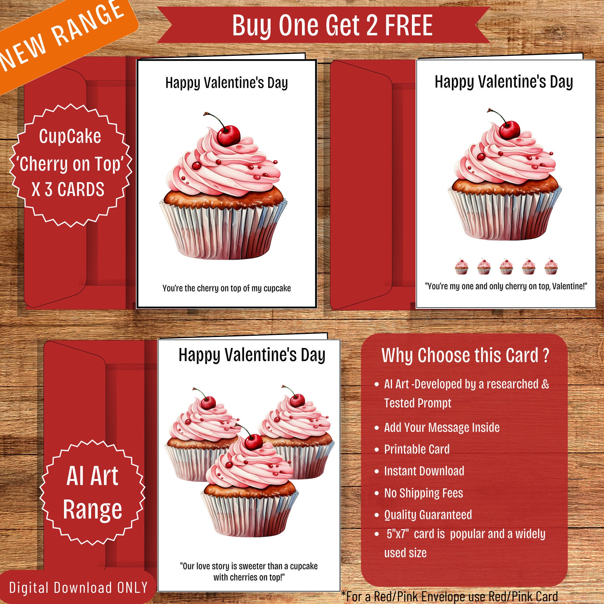 5x7 Printable X3 Valentine's Day Card .cupcake & Cherry' Watercolour ...