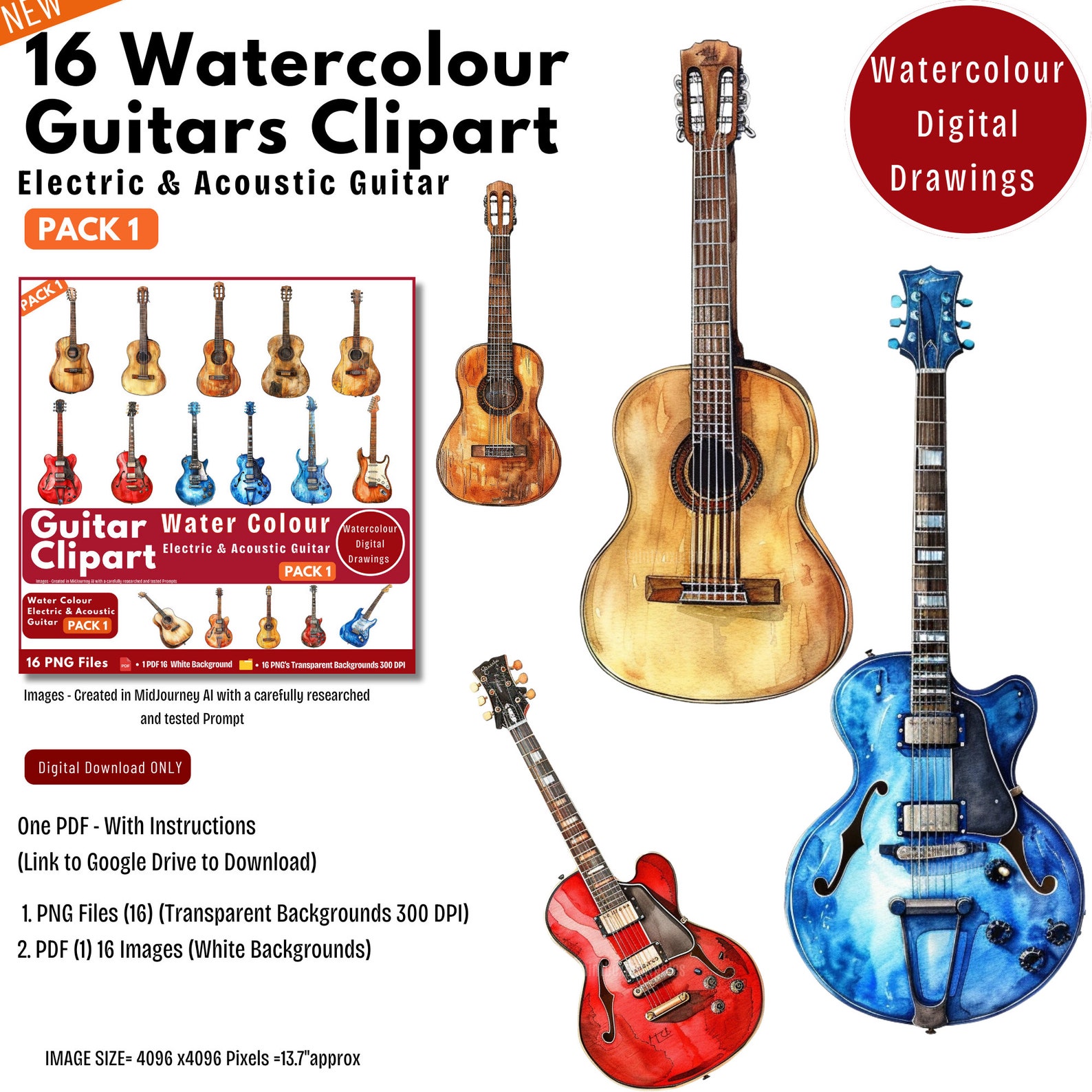 Watercolour Guitar Clipart PACK 1 [electric & Acoustic]16 PNG Images ...