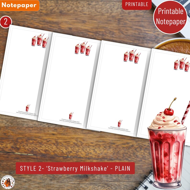 Printable Notepaper 'strawberry Milkshake' 2 STYLES Printable |writing ...